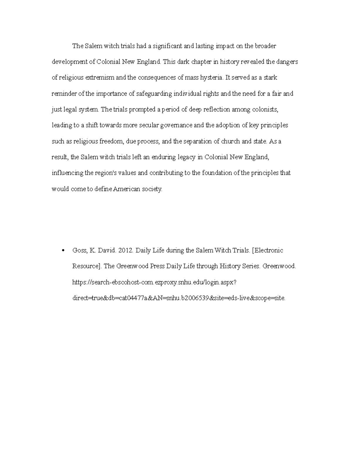 Colonial History Assignment: The Legacy of the Salem Witch Trials - Studocu