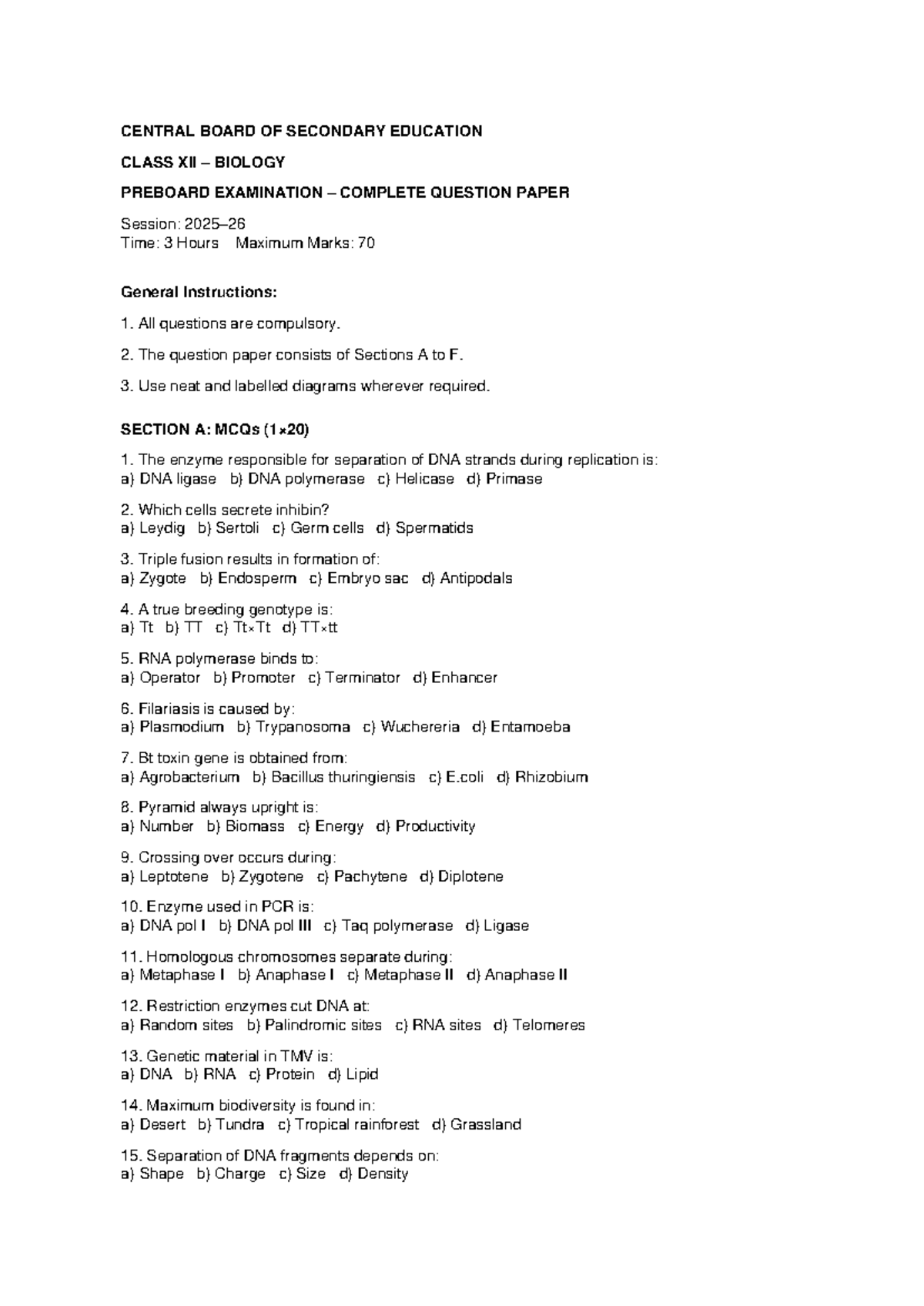 CBSE Class XII Biology Preboard Exam: Complete Question Paper - Studocu