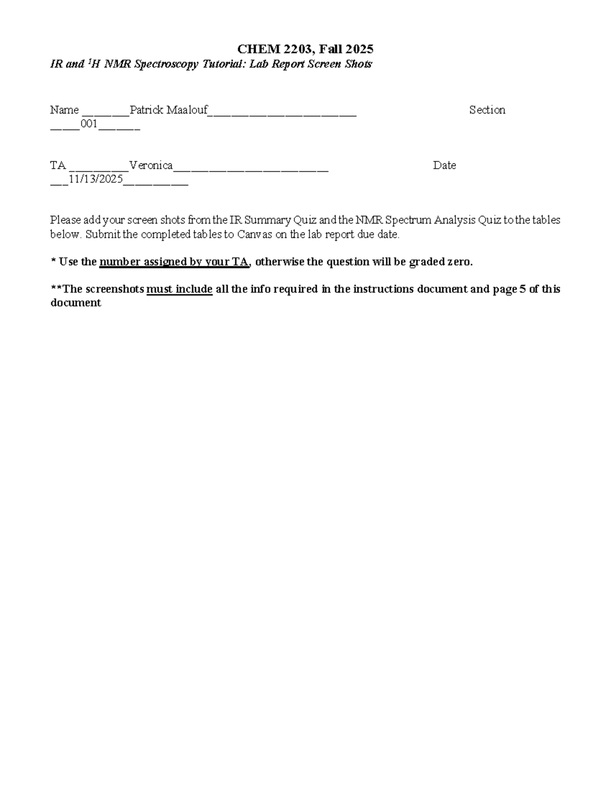 CHEM 2203 Fall 2025 IR & 1H NMR Spectroscopy Lab Report - Studocu