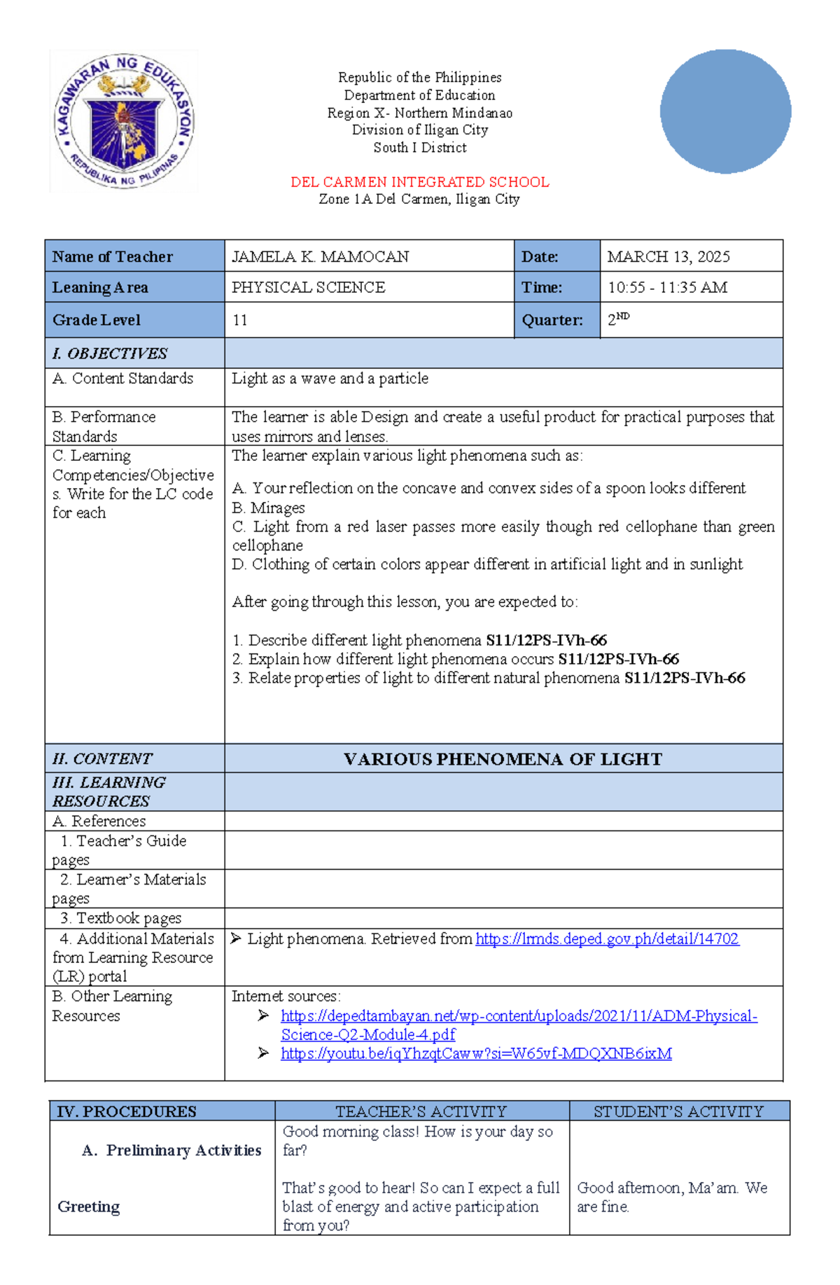 DLP Q4 - Grade 11 Physical Science Light Phenomena Lesson Plan - Studocu