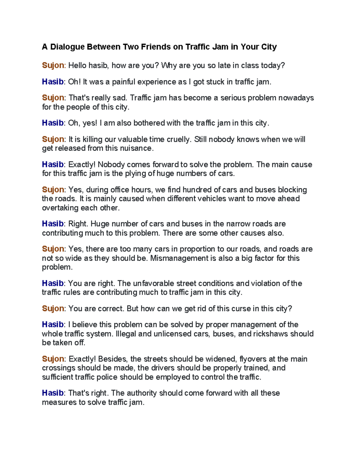 A Dialogue on Traffic Jam Issues in Our City: A Classroom Conversation ...