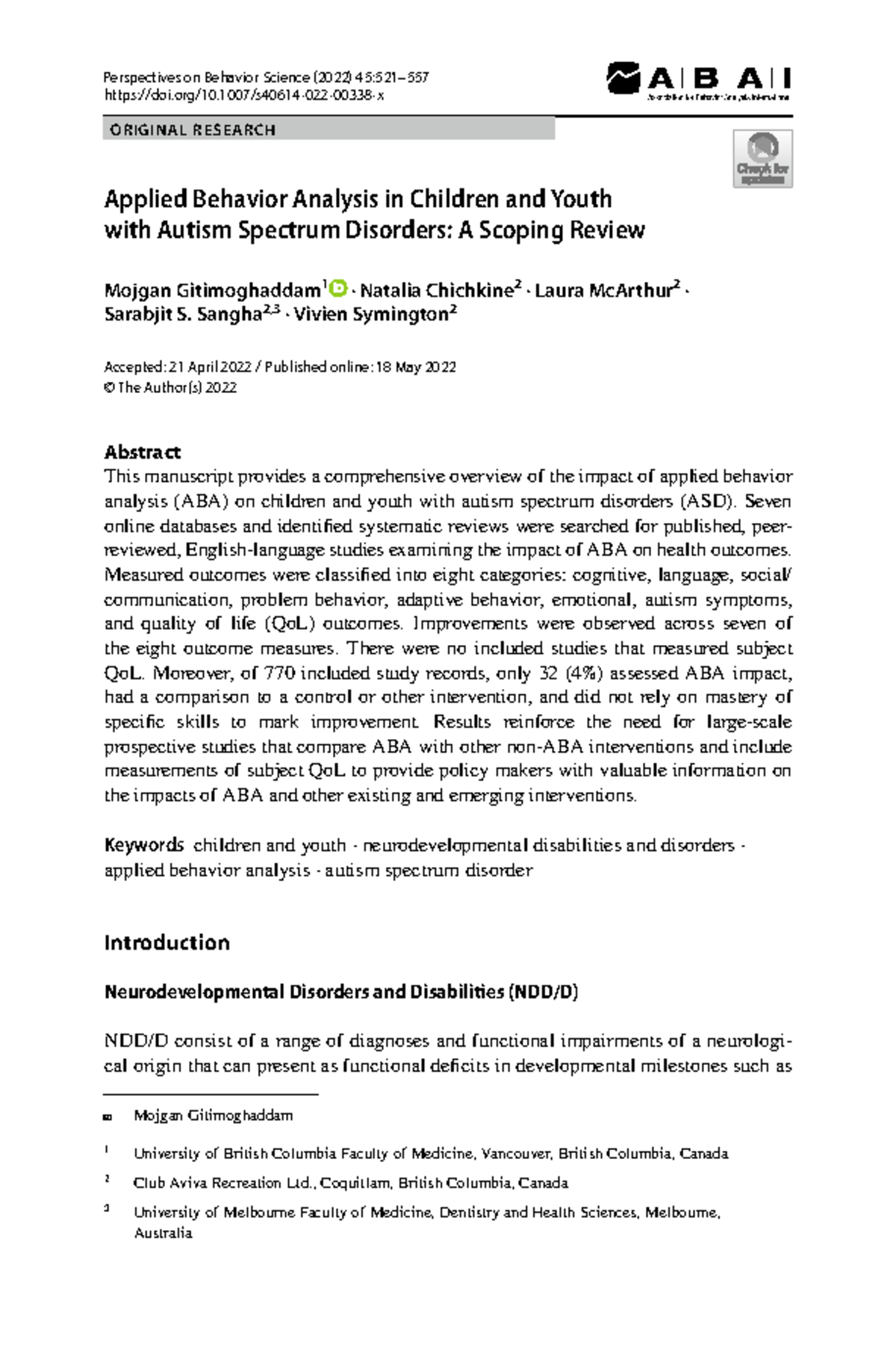 Applied Behavior Analysis (ABA) for Autism: A Scoping Review (2022 ...