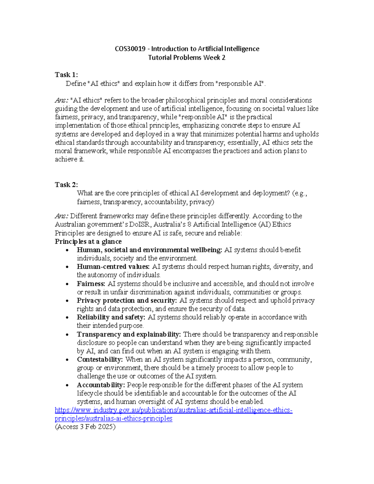 COS30019 AI Ethics and Bias: Week 2 Tutorial Solutions - Studocu