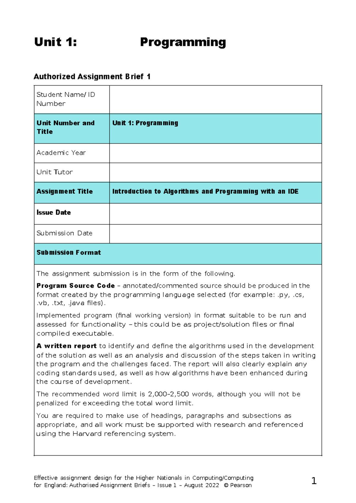 Unit 1: Programming Assignment Brief - Introduction to Algorithms and IDE - Studocu