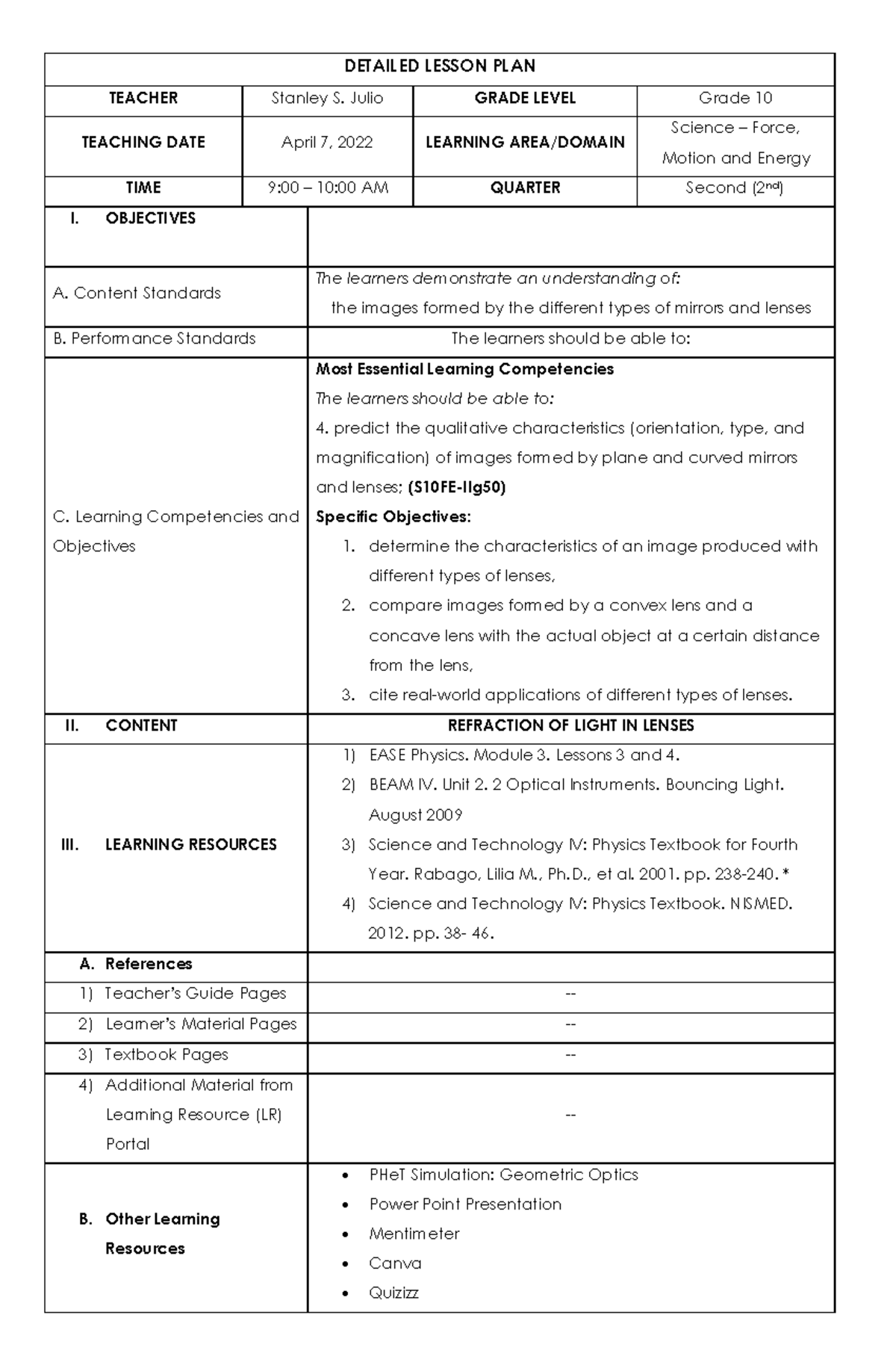 (G10Q2) Detailed Lesson Plan on Refraction in Lenses by S. Julio - Studocu