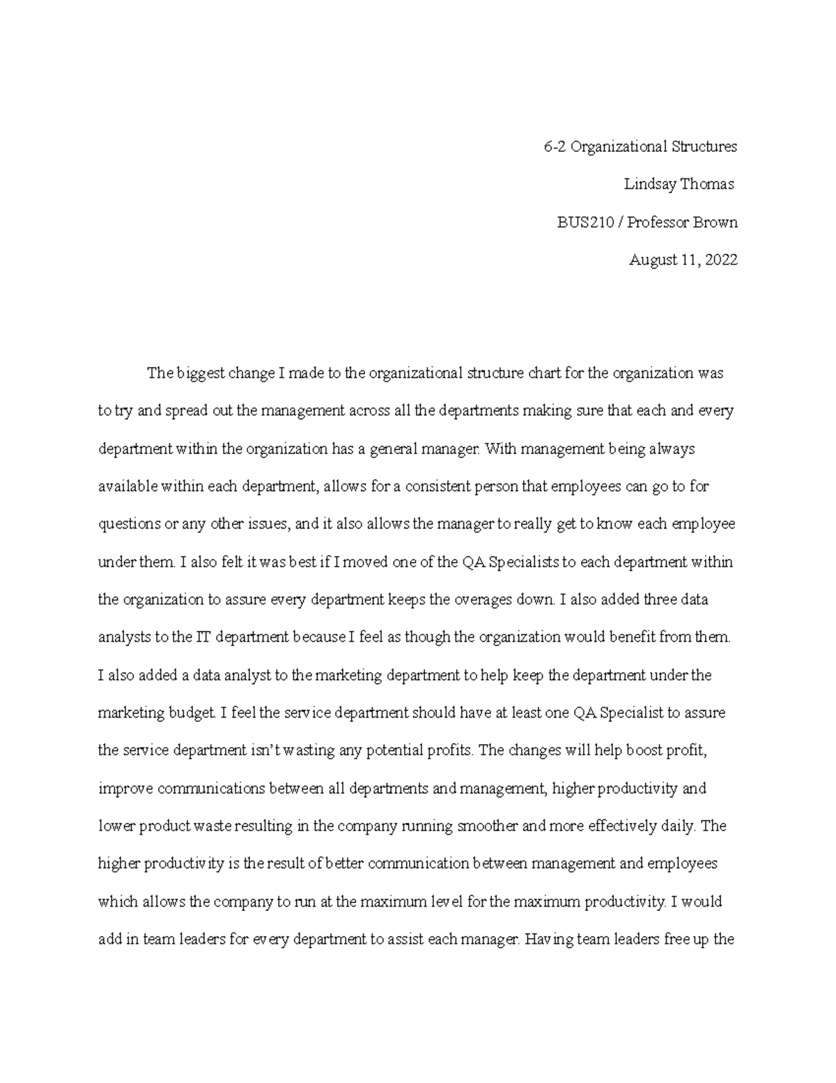 Revised 6-2 Org Structures Analysis for BUS210 by Lindsay Thomas - Studocu