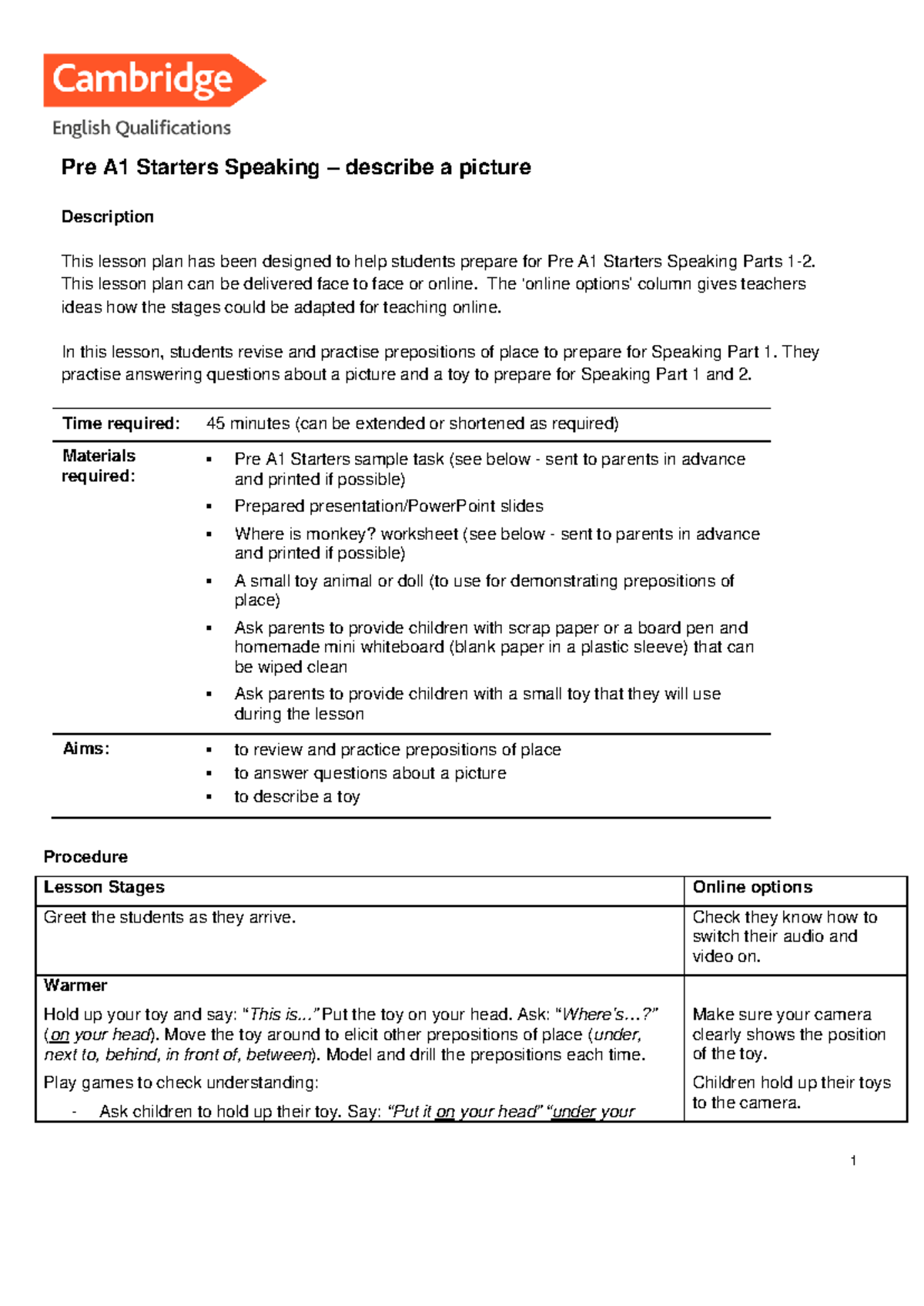 Pre A1 Starters Speaking Lesson Plan: Describing a Picture Online - Studocu