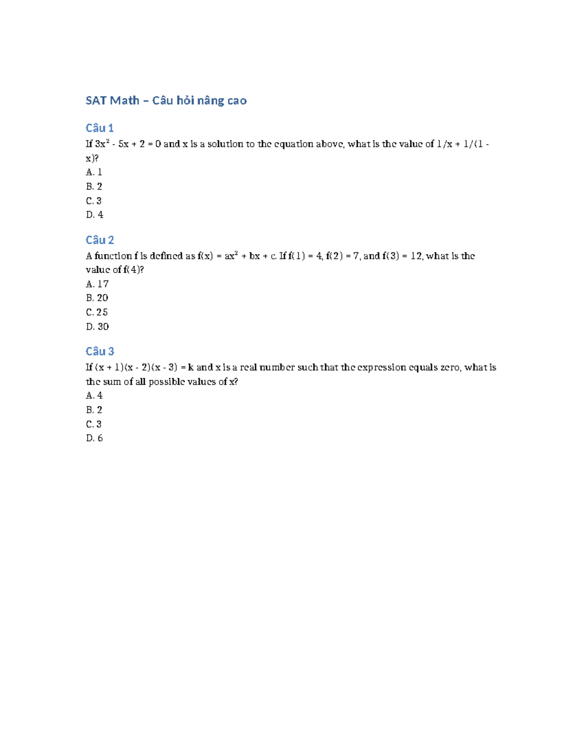 SAT Math Câu Hỏi Nâng Cao - Book - Studocu