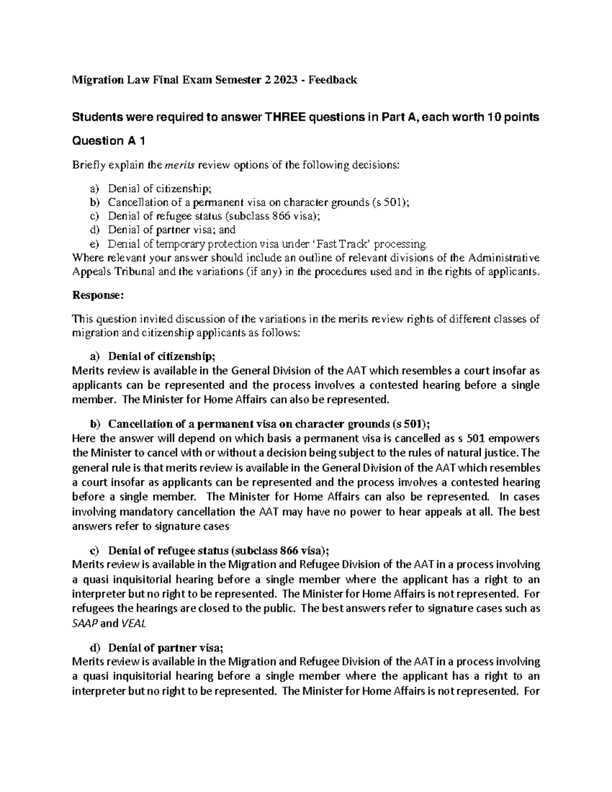 Migration Law Final Exam Feedback - Semester 2 2023 Insights - Studocu