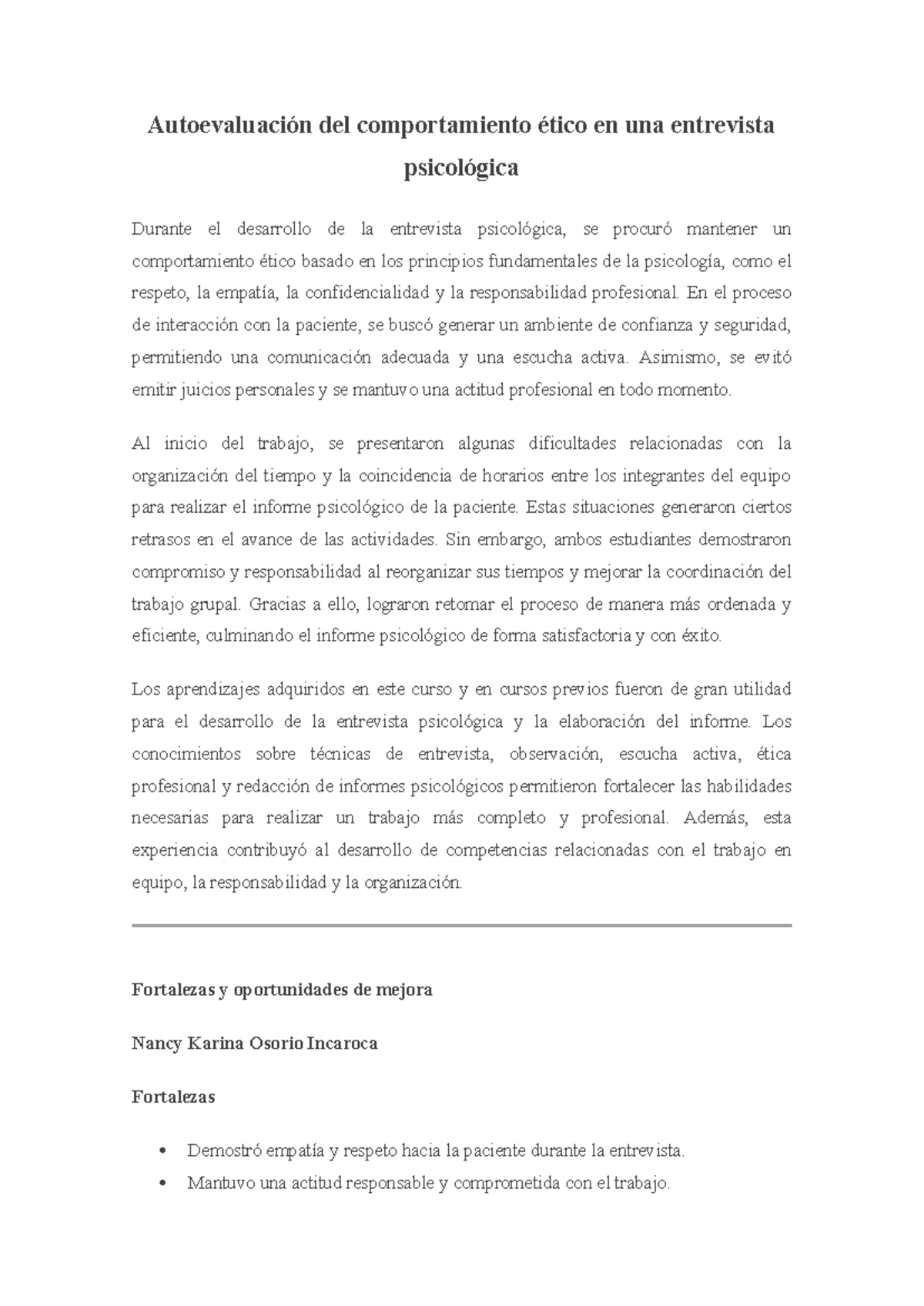 Autoevaluación Ética en Entrevista Psicológica: FODA y Análisis - Studocu