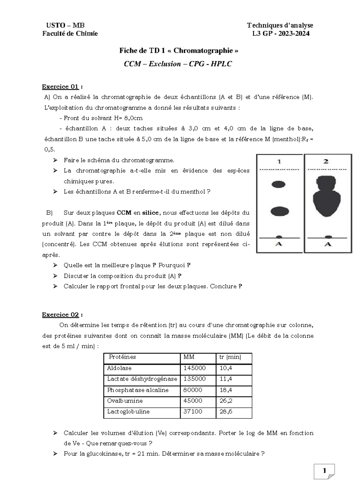 USTO MB Chimie L3 GP Fiche TD 1: Chromatographie et Exercice 2024 - Studocu