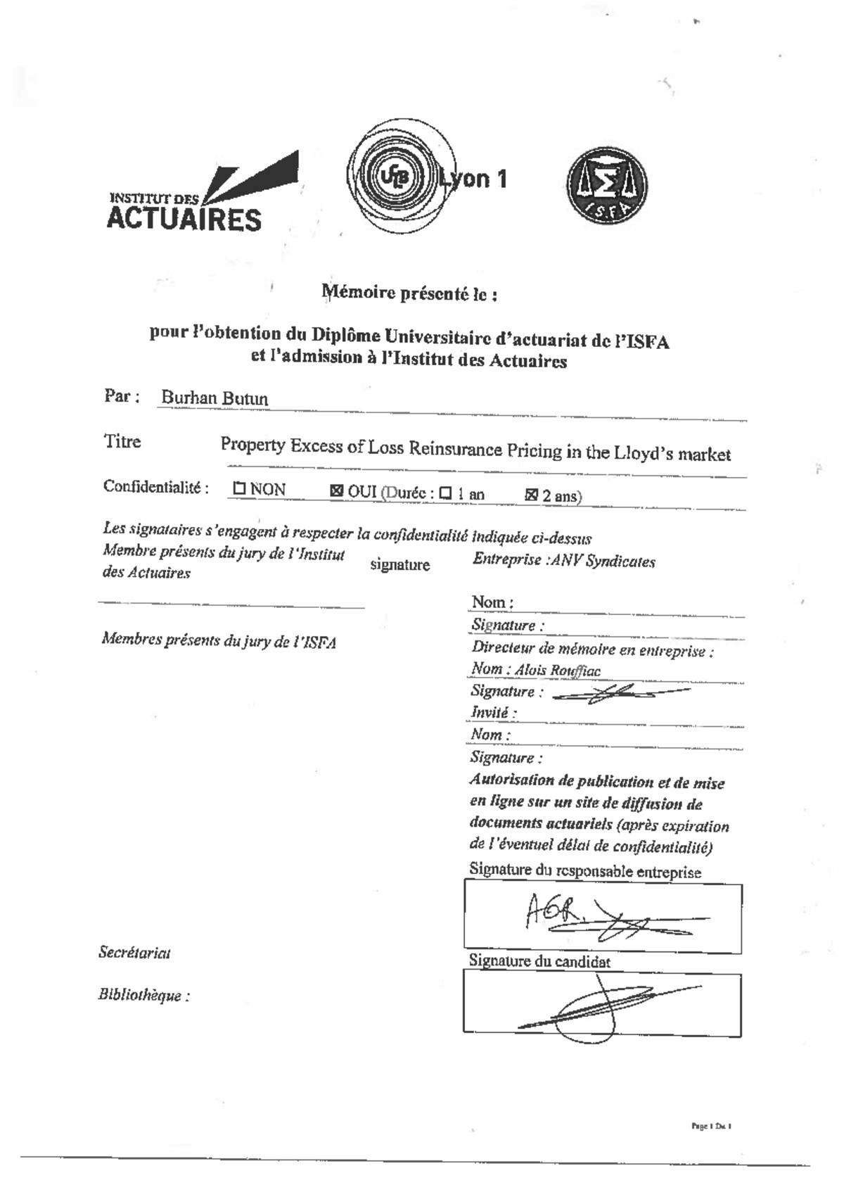 ISFA 2023 Actuarial Dissertation: Pricing of Excess of Loss Reinsurance ...
