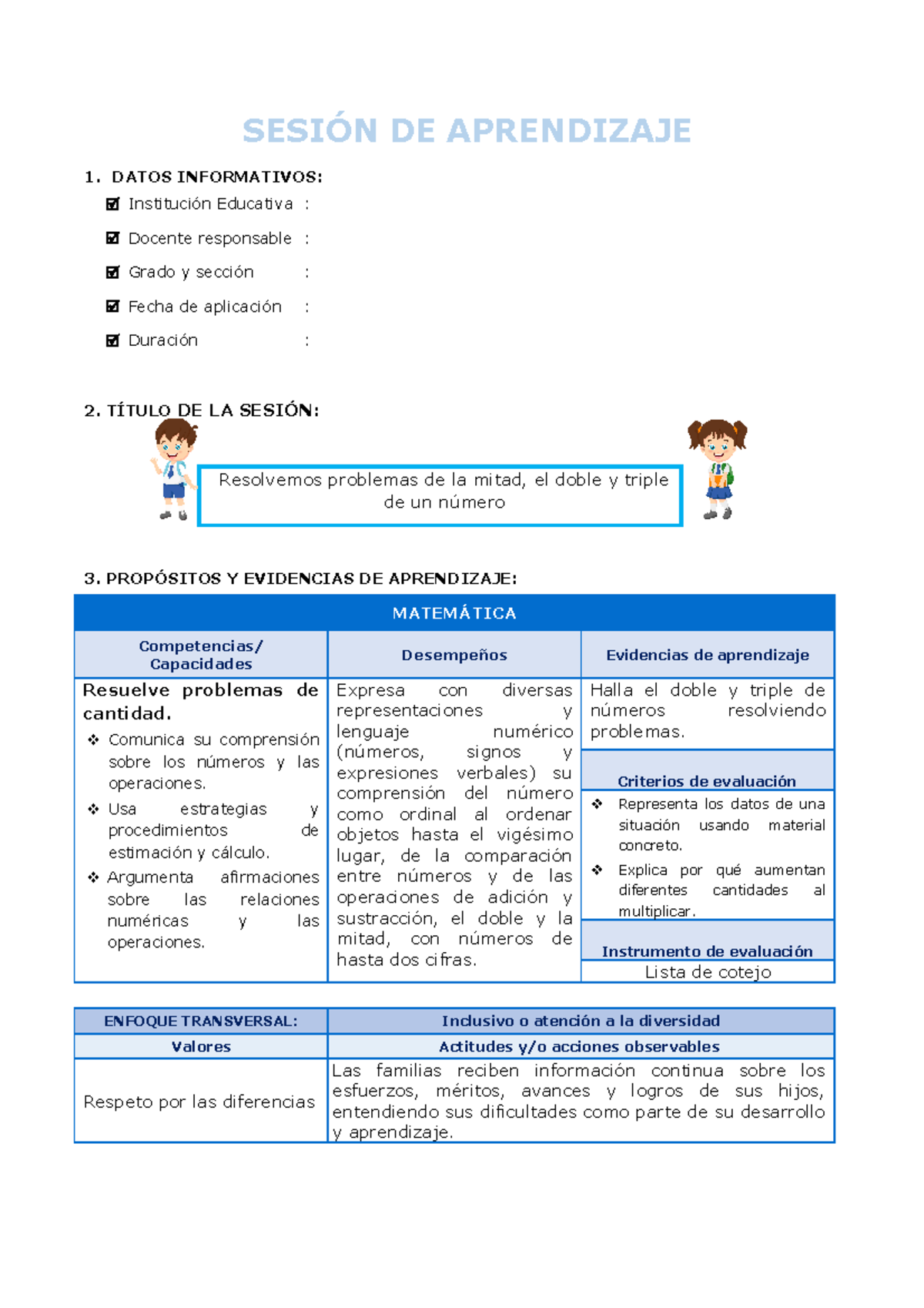Sesión de Aprendizaje: Doble y Triple en Matemáticas - Studocu