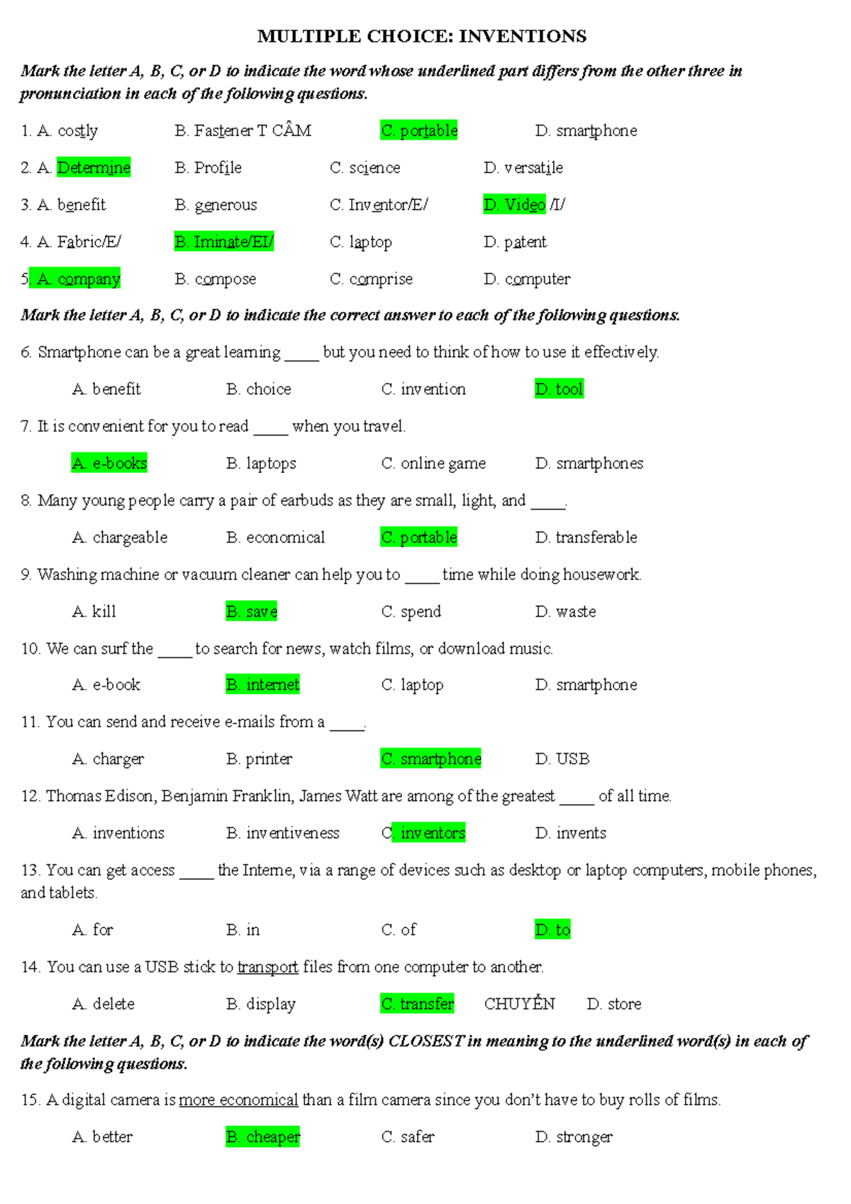 Multiple Choice Inventions - MULTIPLE CHOICE: INVENTIONS Mark the ...