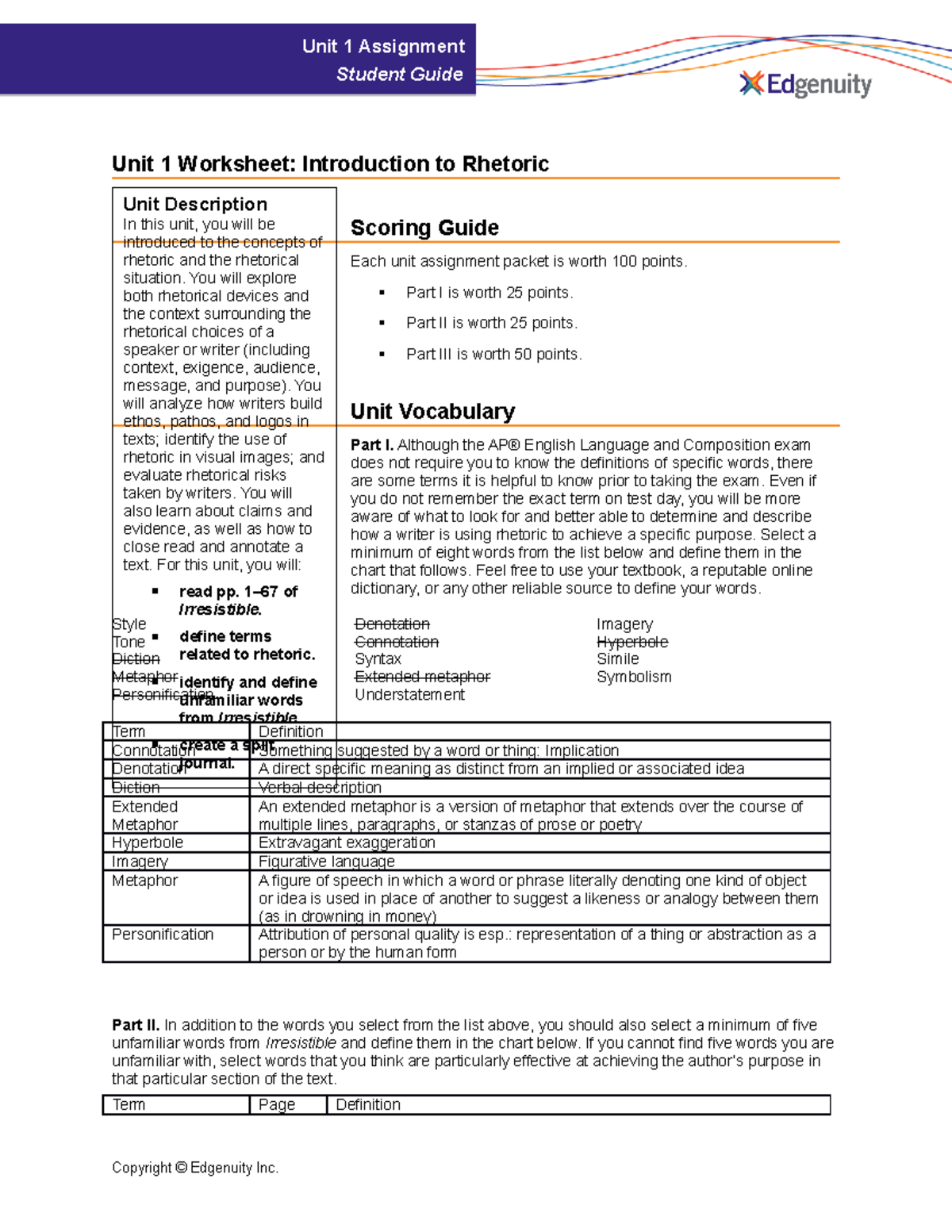 AP ENG Unit 1 Assignment - Unit 1 Worksheet: Introduction to Rhetoric Scoring Guide Each unit ...