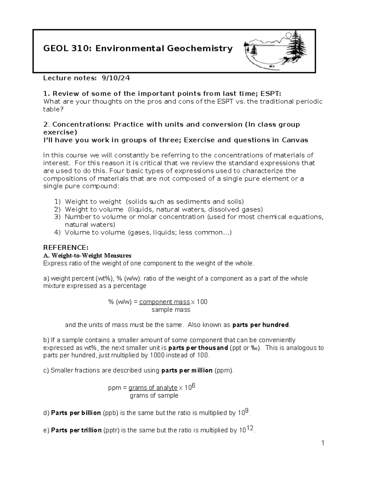 GEOL 310: Environmental Geochemistry Lecture Notes (09/10/24) - Studocu
