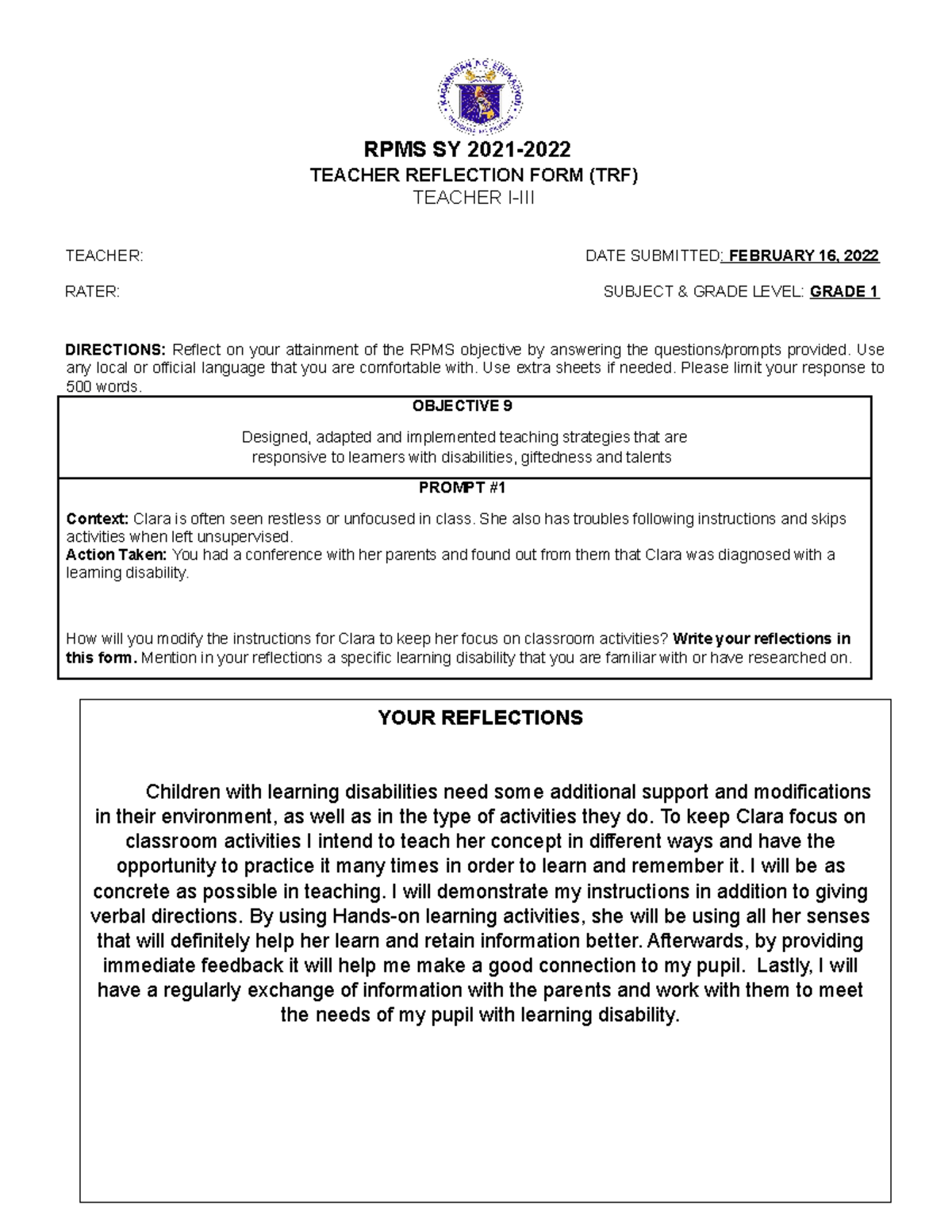 Trf - TRF for Deped Teachers - RPMS SY 2021- TEACHER REFLECTION FORM ...