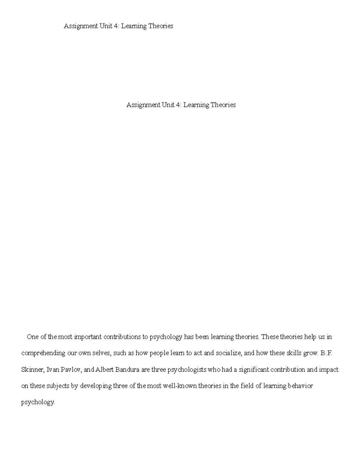 Unit 4 Assignment: Key Learning Theories in Psychology - Studocu