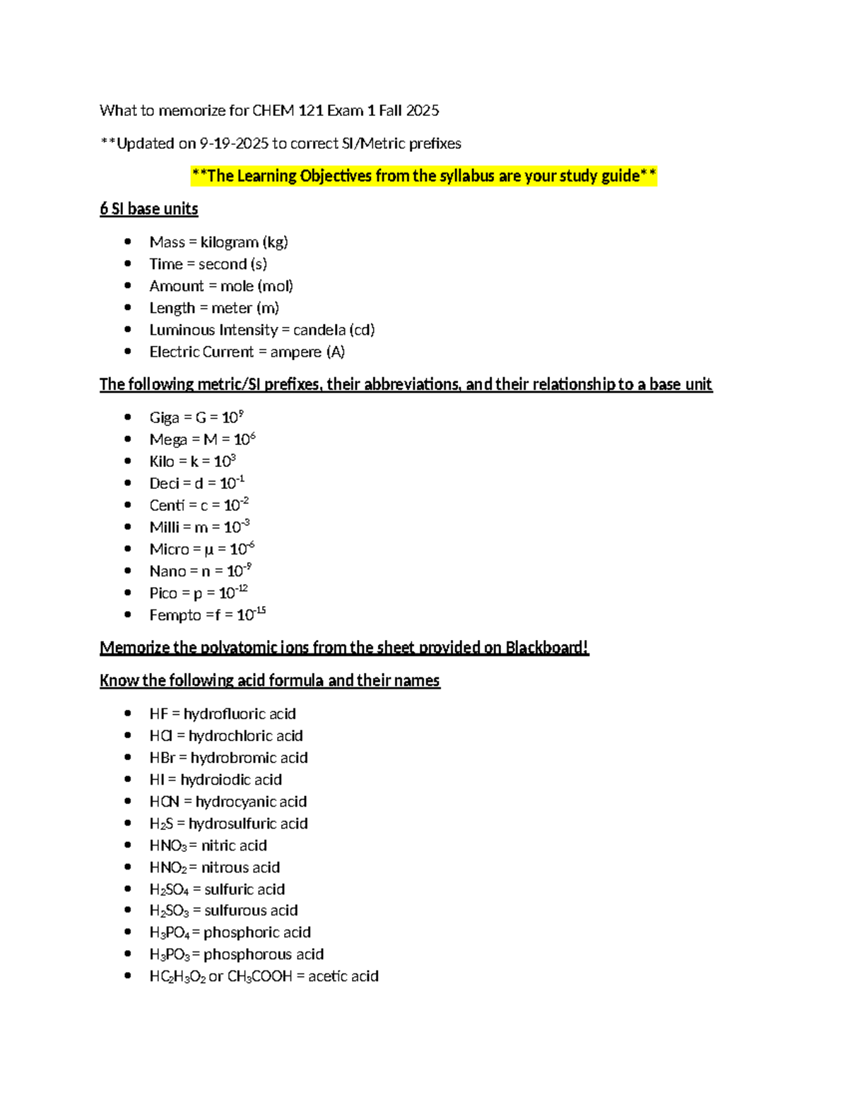 CHEM 121 Exam 1 Study Guide: Key Memorization Topics (Fall 2025) - Studocu