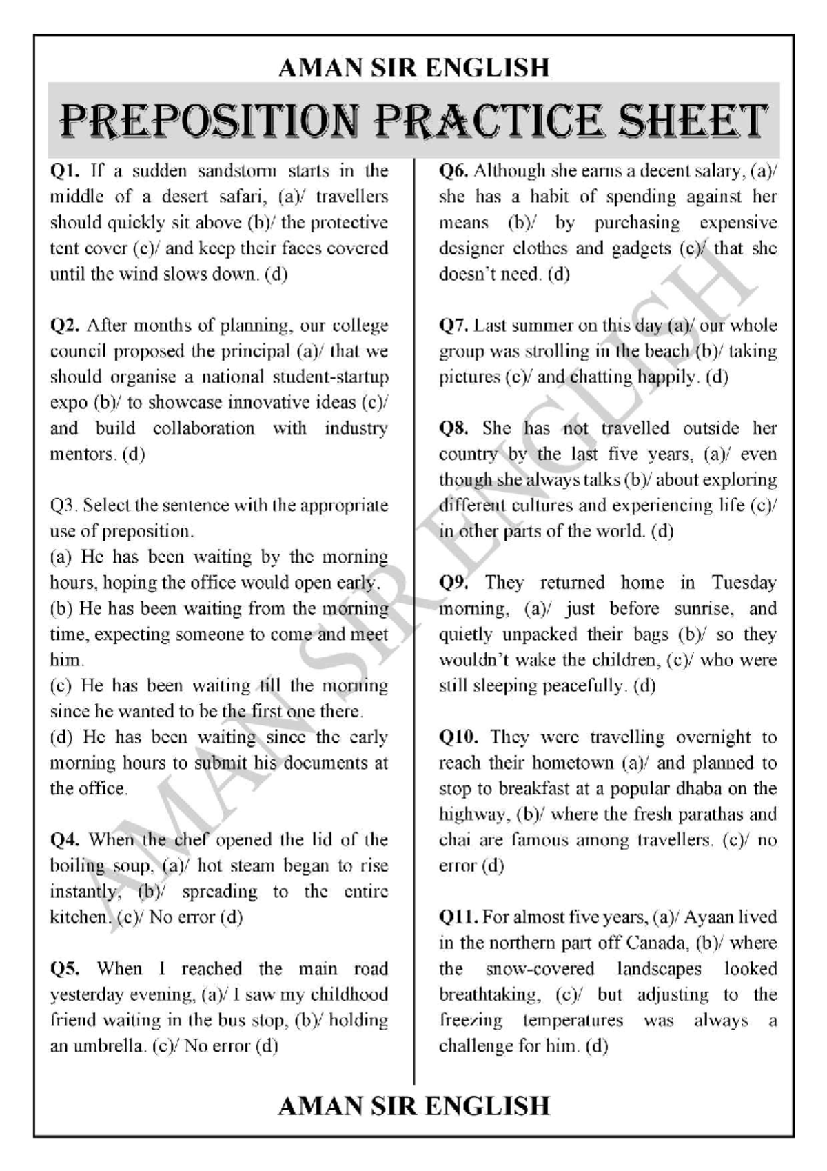 AMAN SIR ENGLISH PREPOSITION PRACTICE SHEET - CLASS 61 - Studocu