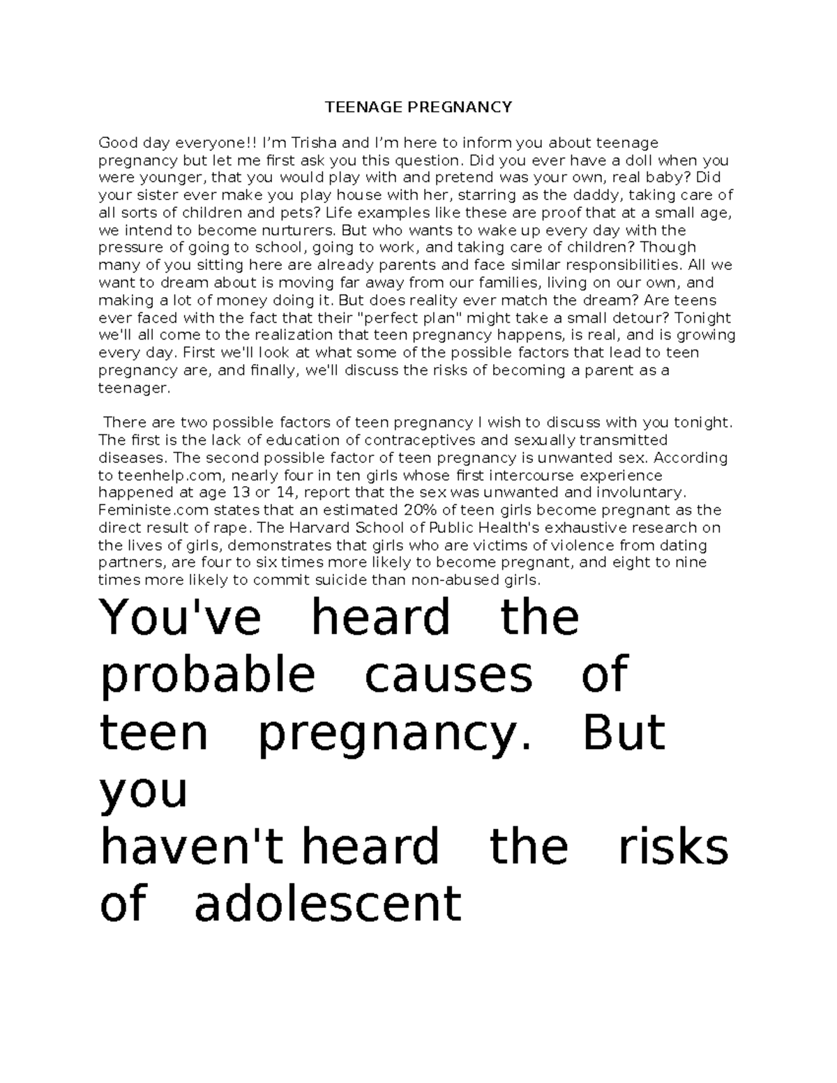 Teenage Pregnancy: Causes, Risks, and Societal Implications - Essay ...