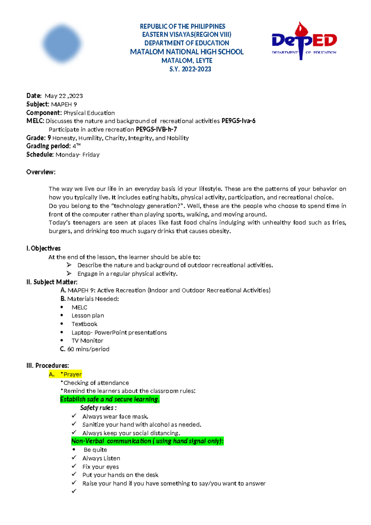 Grade 9 Physical Education Lesson Plan: Active Recreation Q4 - Studocu