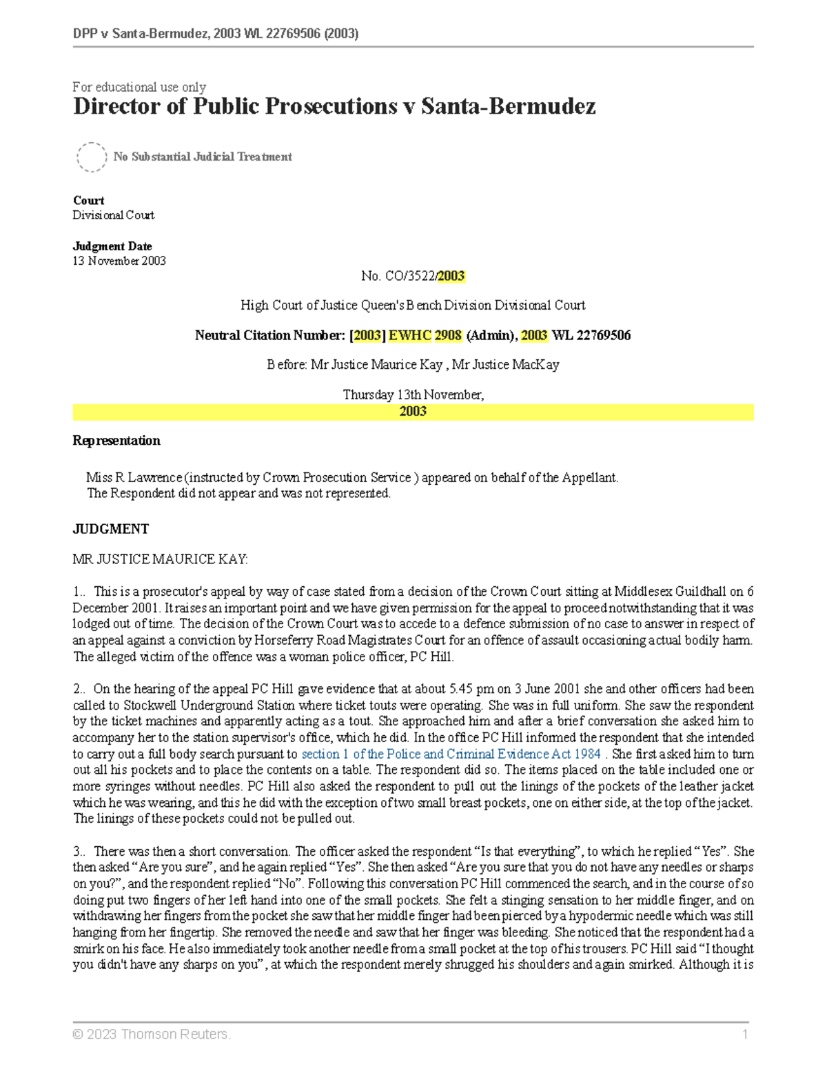 DPP v Santa-Bermudez - Case Report on Assault & Legal Interpretation ...