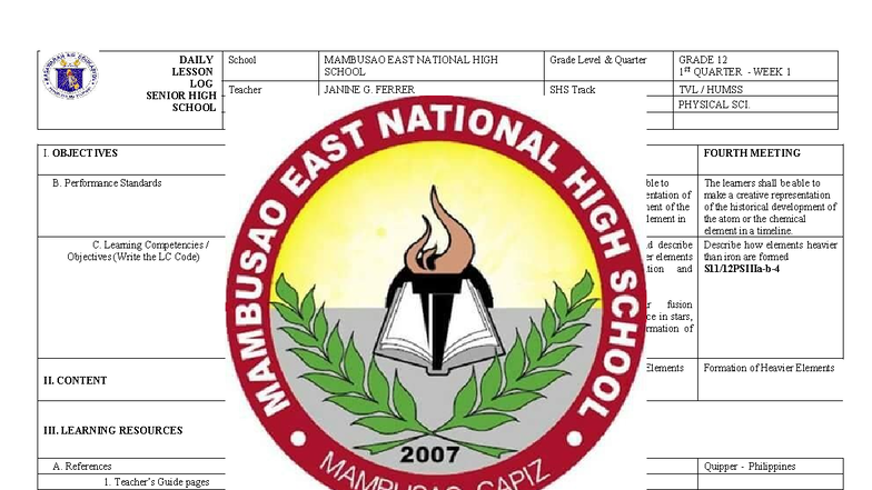 DAILY LESSON LOG GRADE 12 PHYSICAL SCIENCE 1ST QUARTER WEEKS 1-6 - Studocu