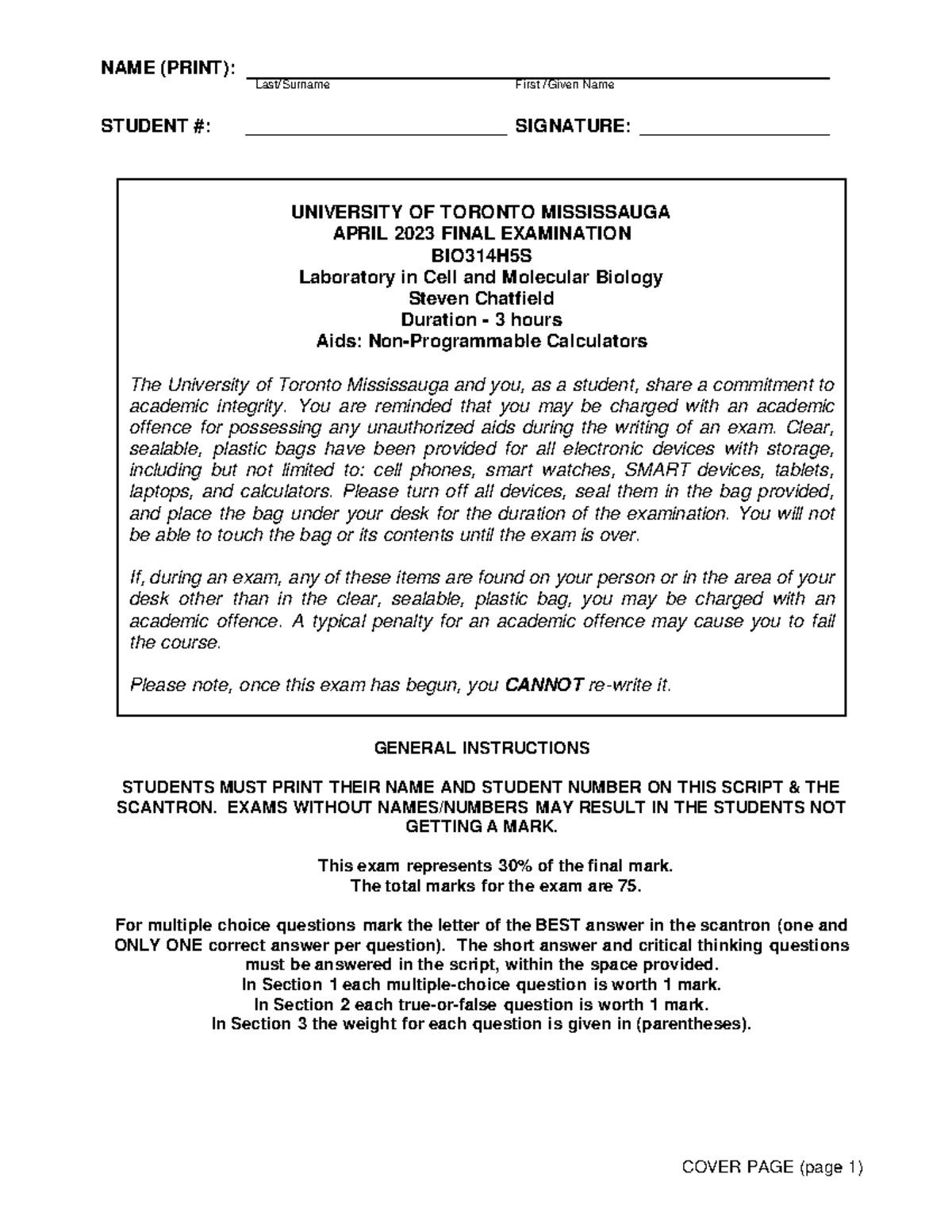 BIO314H5S - Final Exam Lab in Cell & Molecular Biology - April 2023 ...