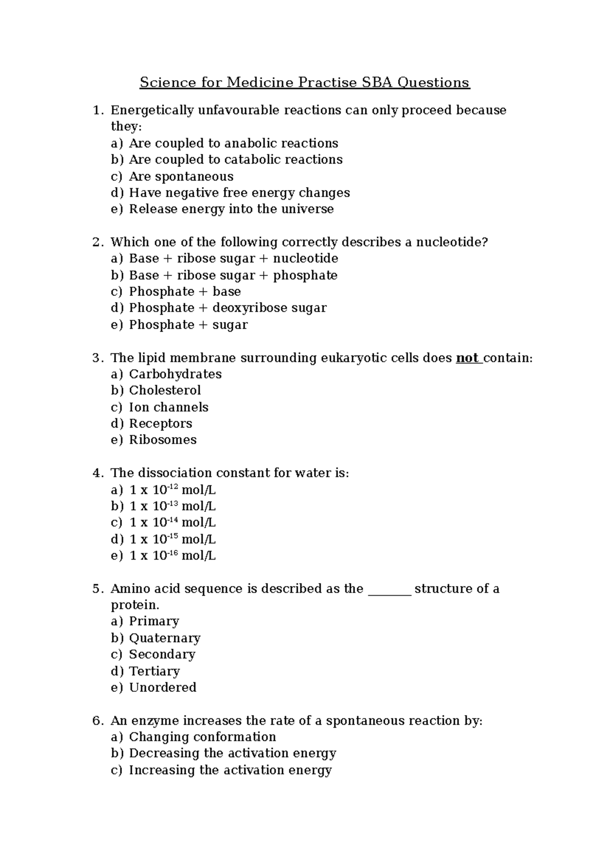 Science for Medicine Practice SBA Questions and Answers - Studocu