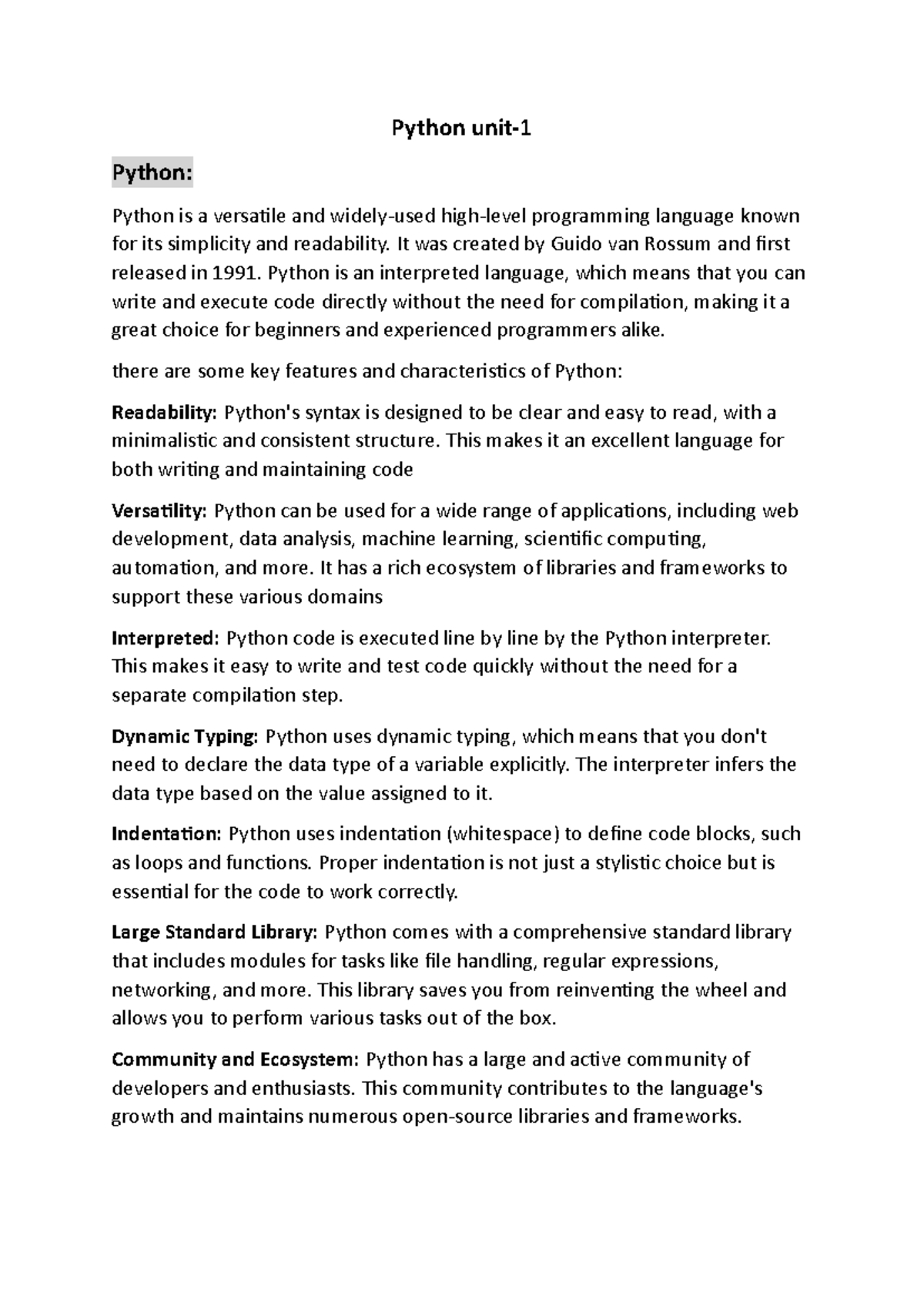 Python Unit 1: Introduction to Python Programming Concepts - Studocu