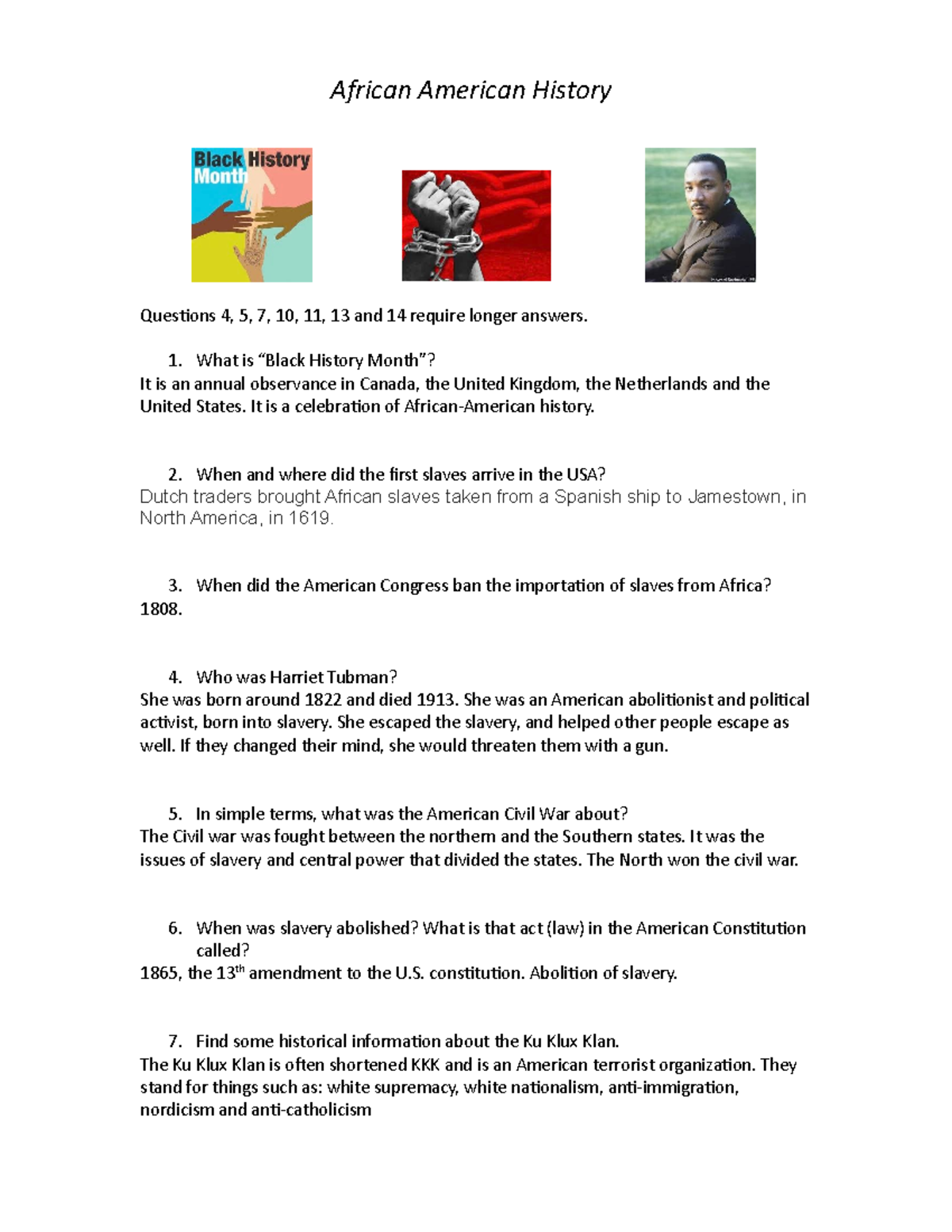 Engelsk VG1: African-American History Questions & Answers - Studocu