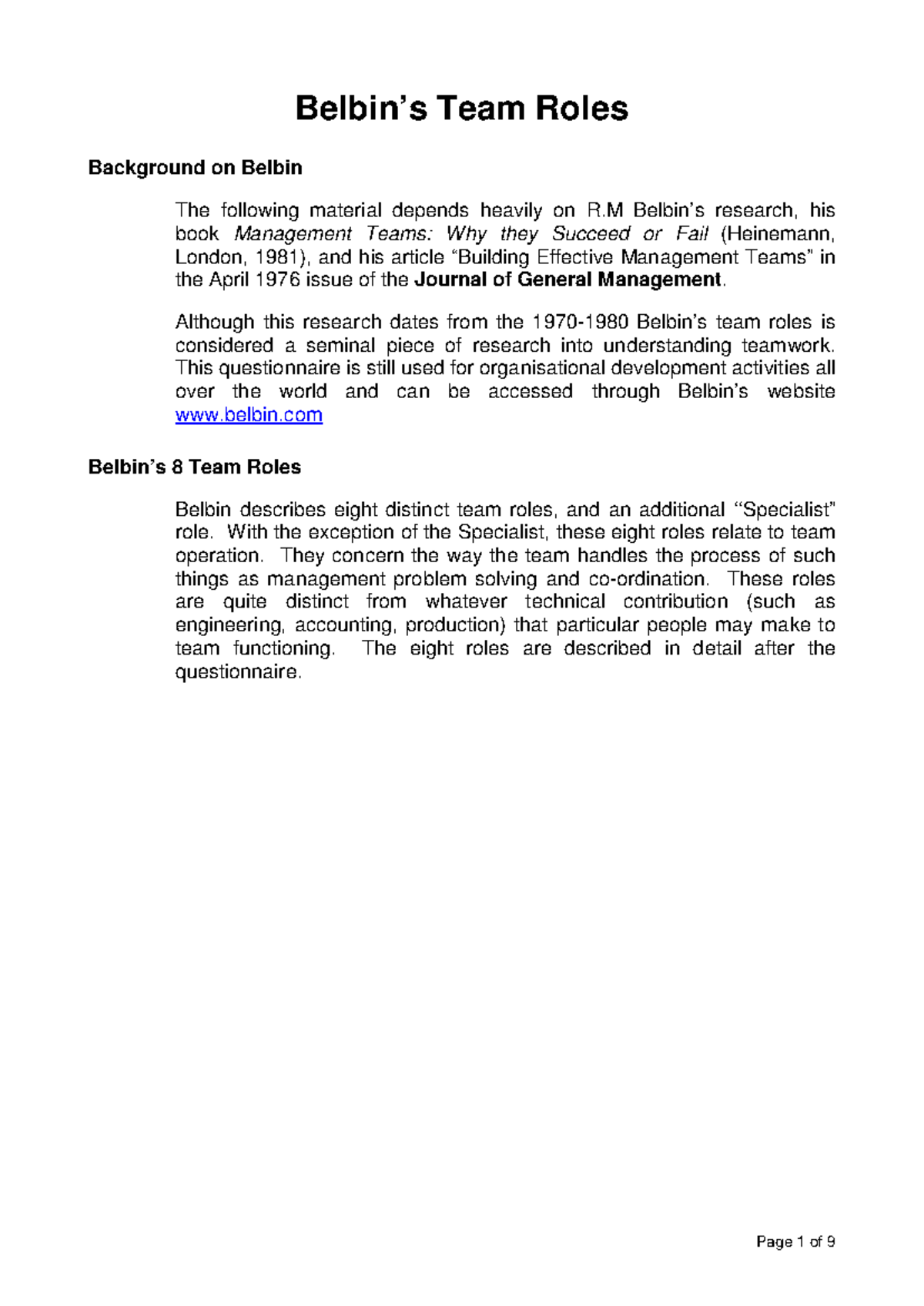 Belbin’s Team Roles Questionnaire Handout - Understanding Team Dynamics ...