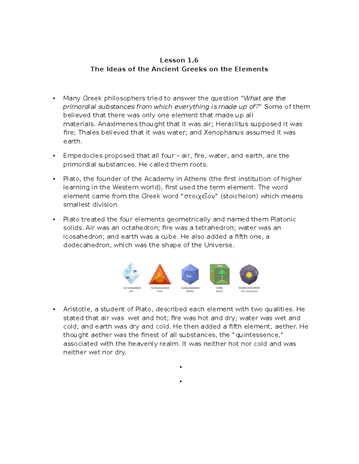 Ancient Greek Philosophers' Ideas on Elements - Lesson 1 - Studocu