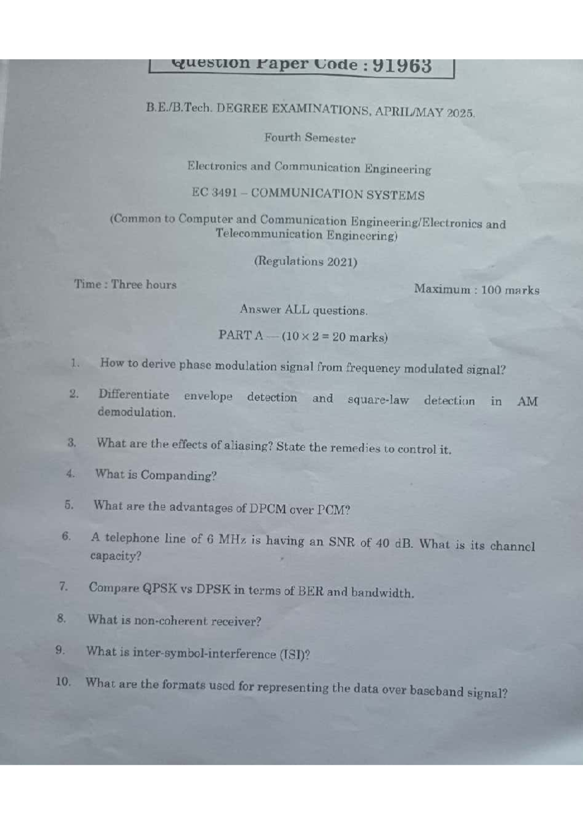 EC3491 Final Exam Question Paper 2025 - Communication Systems - Studocu