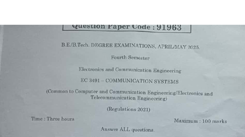 EC3491 Final Exam Question Paper 2025 - Communication Systems - Studocu