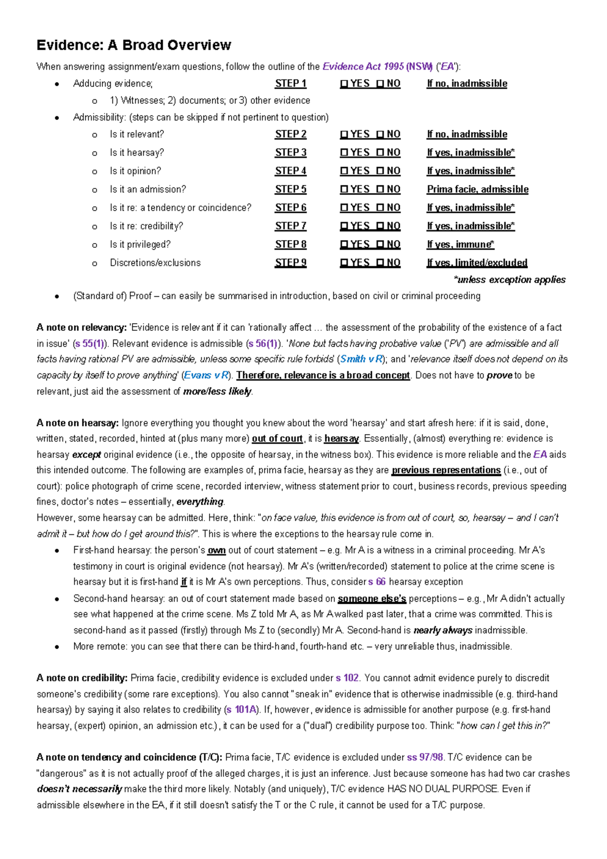 Ultimate Evidence Cheat Sheet: Overview of Evidence Act 1995 (NSW ...
