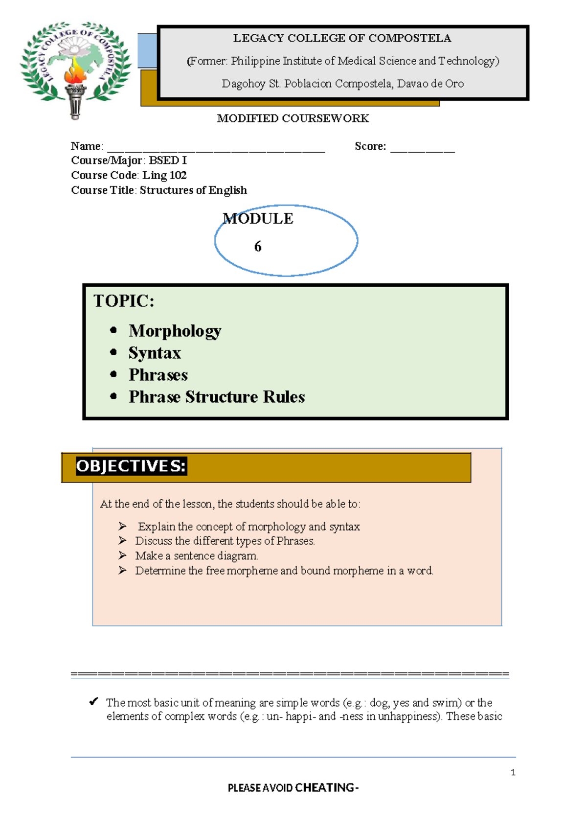 BSED I Ling 102 Module 6: Morphology and Syntax Phrases Analysis - Studocu