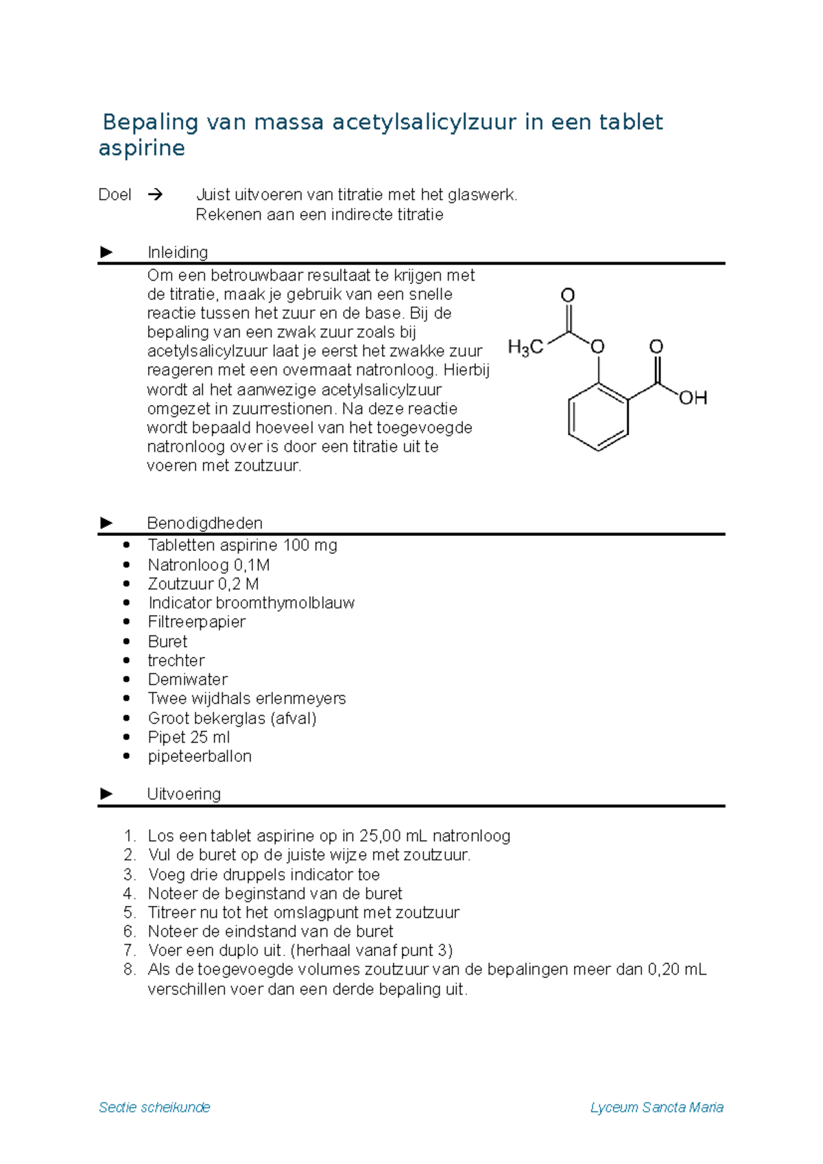 Bepaling van massa acetylsalicylzuur in tablet aspirine - Scheikunde ...