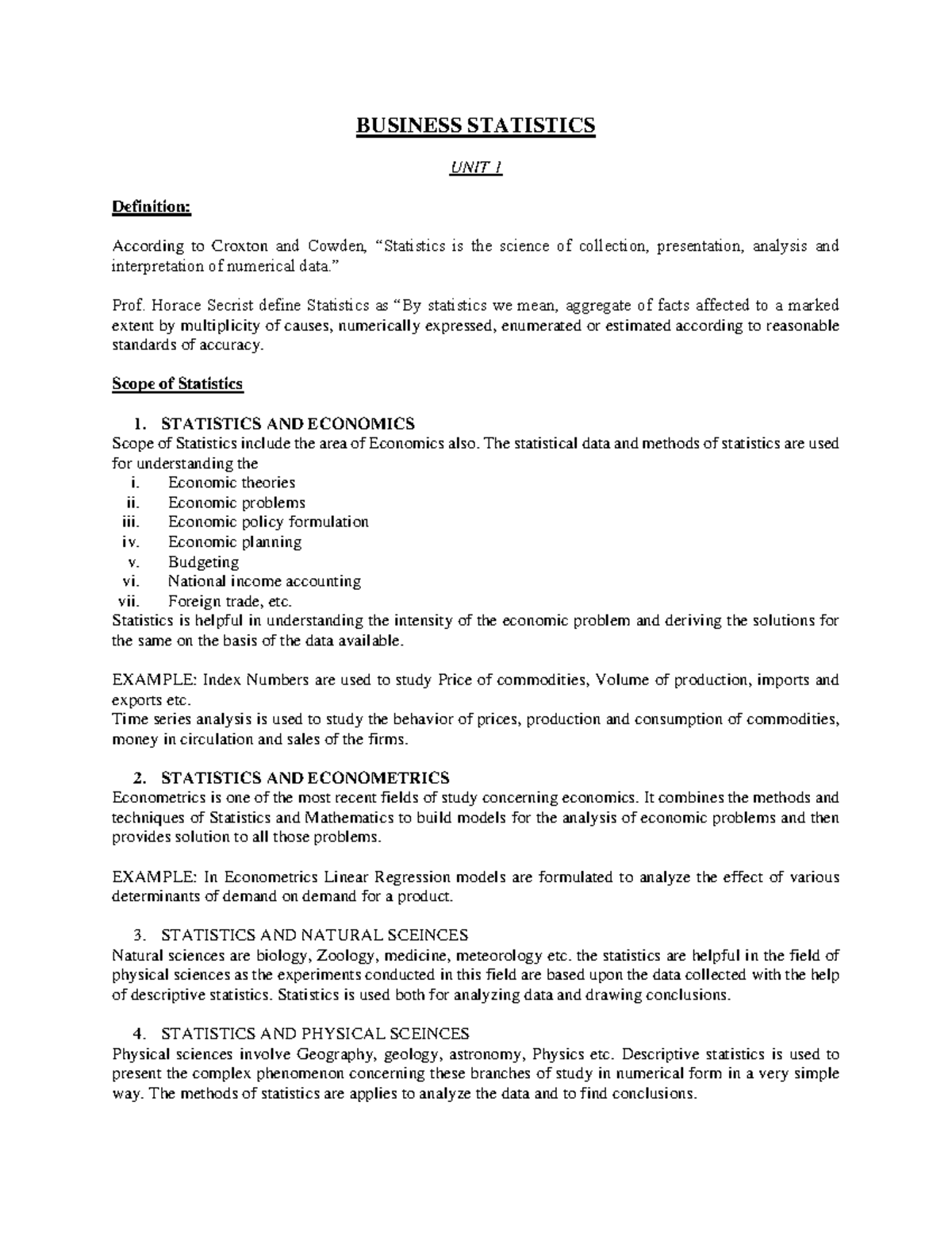 BUSINESS STATISTICS UNIT 1: Definitions, Scope, and Applications - Studocu