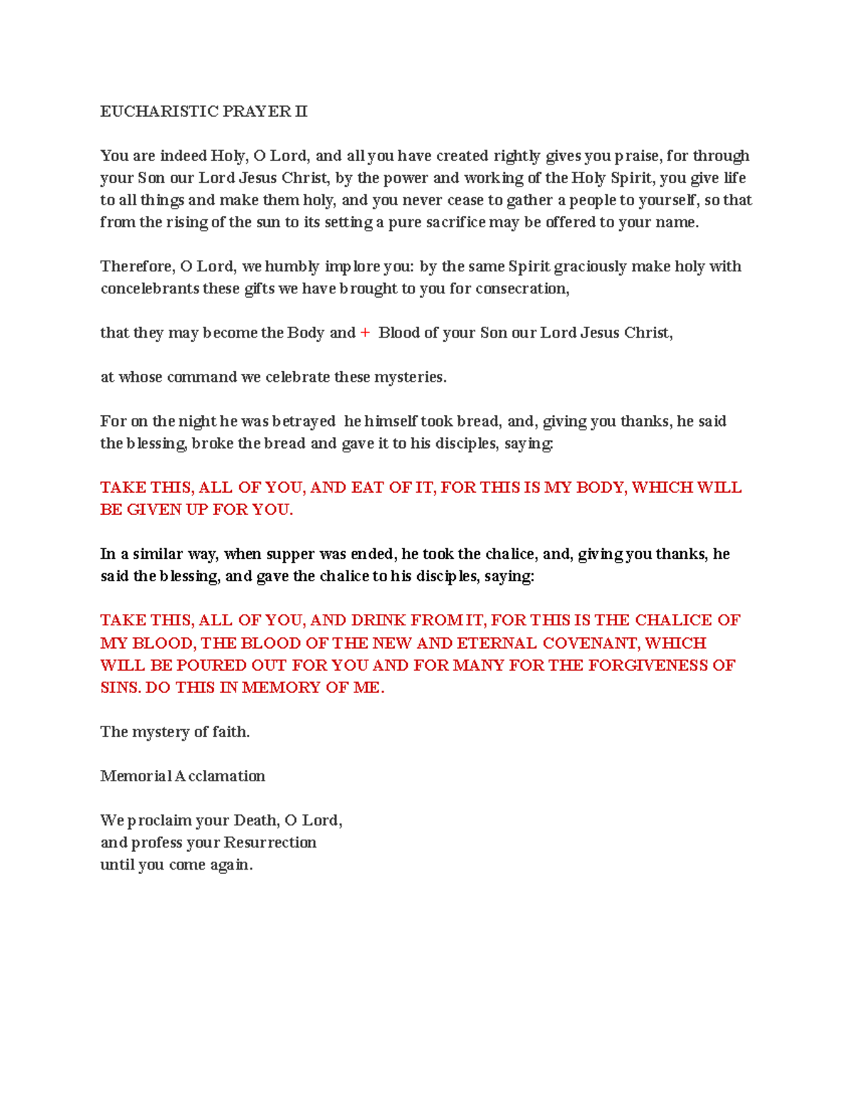 EUCHARISTIC PRAYER II: The Body and Blood of Christ - Studocu