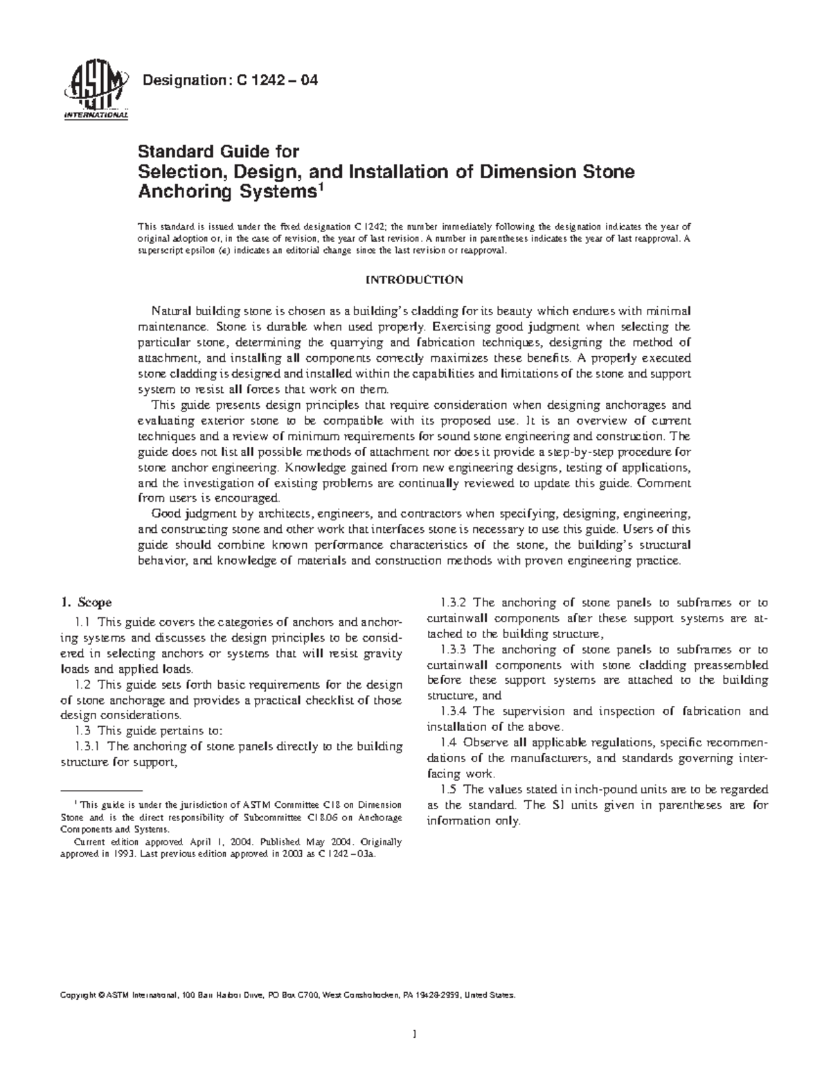 C-1242 - Standard Guide for Dimension Stone Anchoring Systems - Studocu