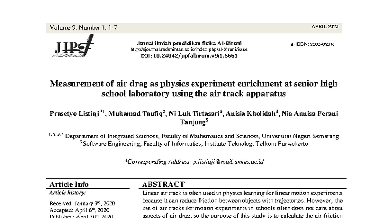 Measurement of Air Drag in High School Physics Labs Using Air Track ...