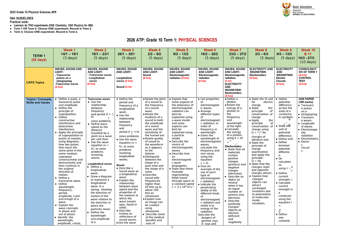 2025 Grade 10 Physical Sciences ATP: Practical Work & Term Overview - Studocu