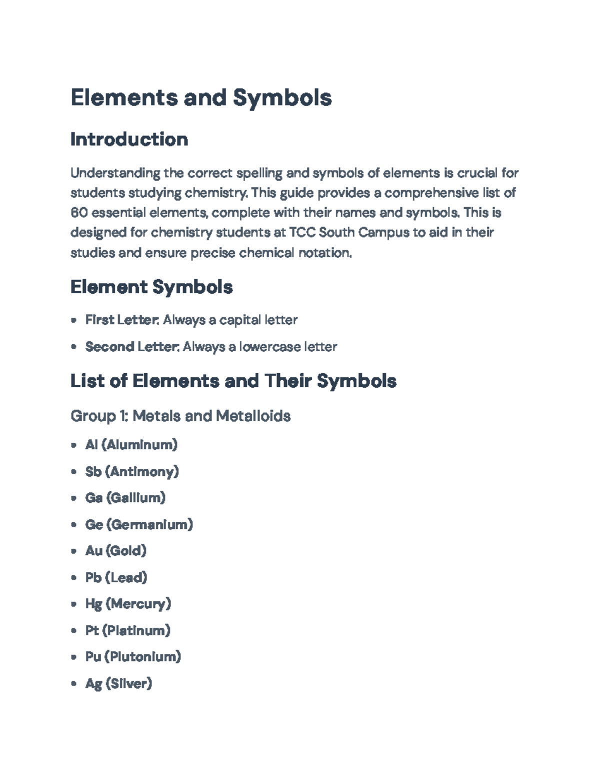Essential Elements and Symbols Guide for TCC Chemistry Students ...