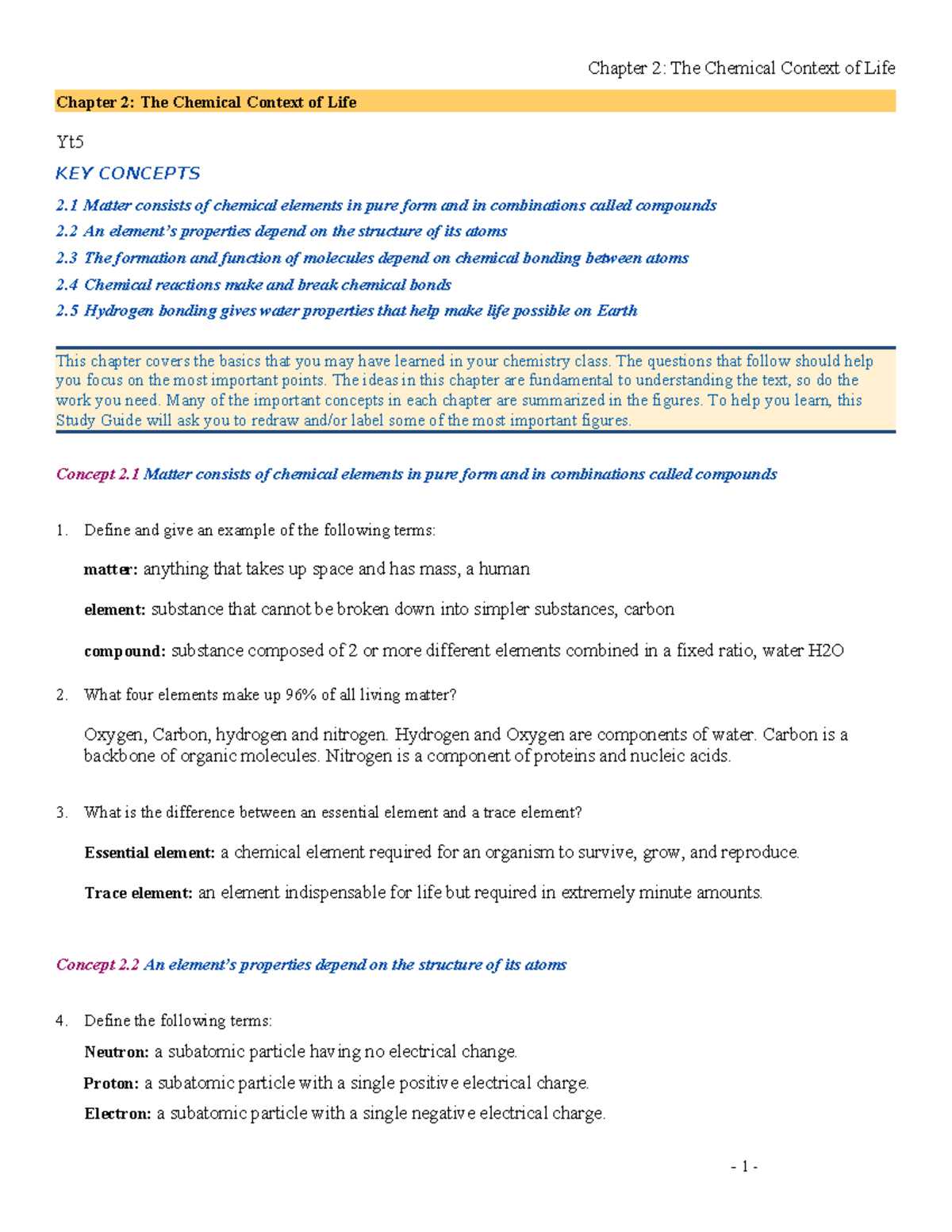 Chapter 2: The Chemical Context of Life - Biology Study Guide - Studocu