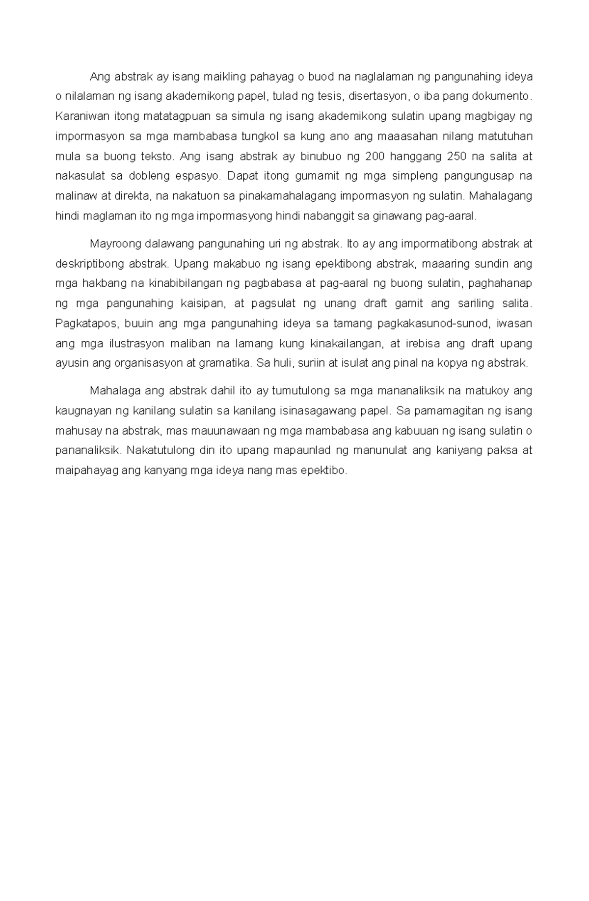 Mga Deskripsyon ng Abstrak, Sintesis, at Bionote - Studocu