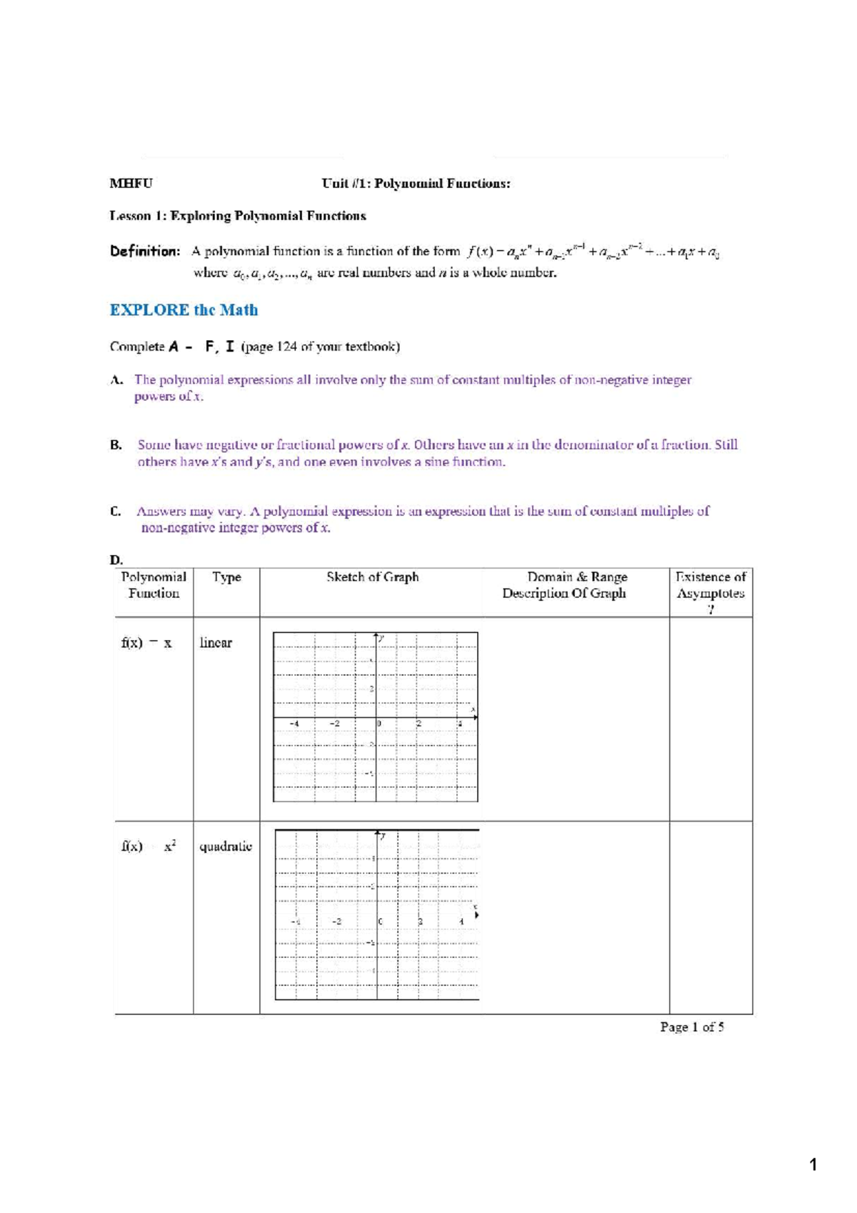 Lesson 1 - Exploring Polynomial Functions - First Second Third ...