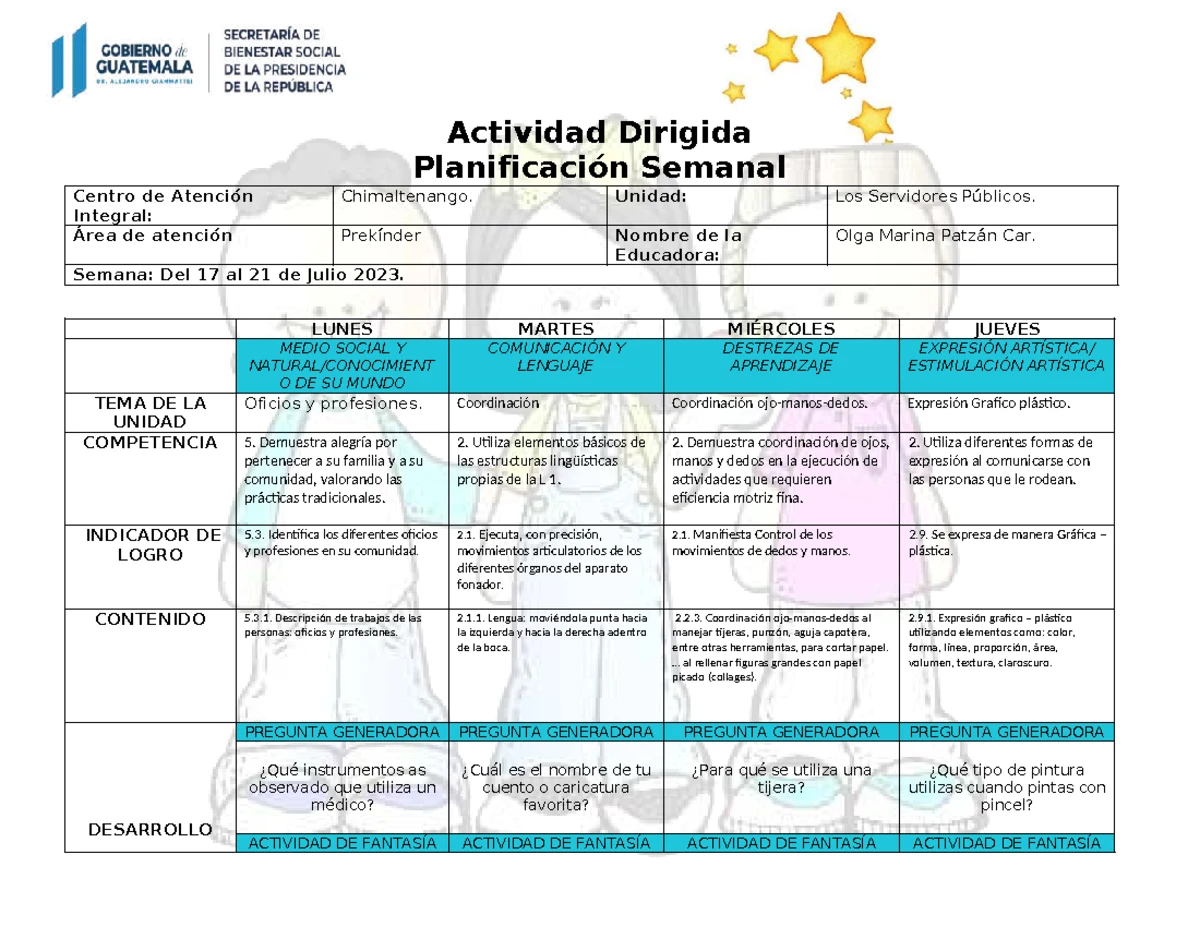 Planificación Semanal Prekínder: Actividades del 10 al 14 de Julio 2023 ...