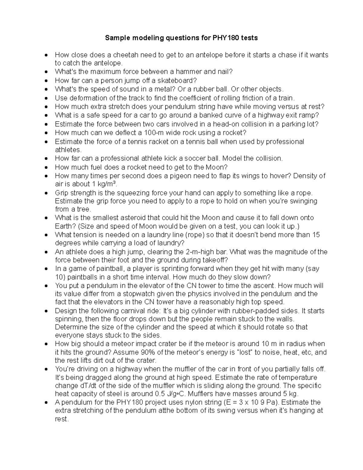 PHY180 - Sample Modeling Questions for Tests and Projects - Studocu